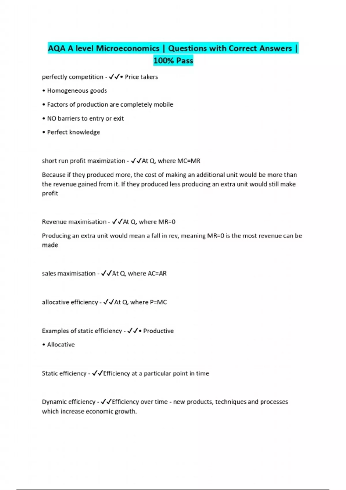 AQA A level Microeconomics | Questions with Correct Answers | 100% Pass ...