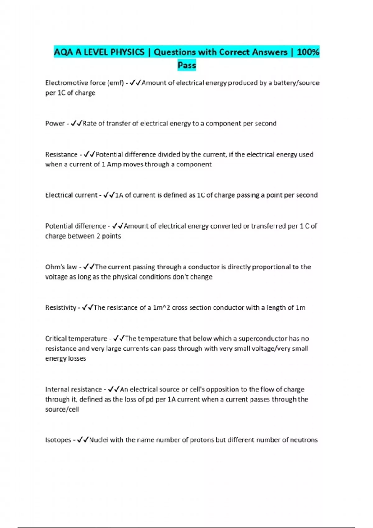 AQA A LEVEL PHYSICS | Questions with Correct Answers | 100% Pass - AQA ...