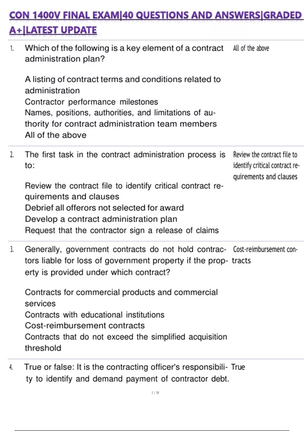 PACKAGE DEAL CON 1400 CONTRACT POST-AWARD ,, CON 1400 TEST,, CON 1400 ...