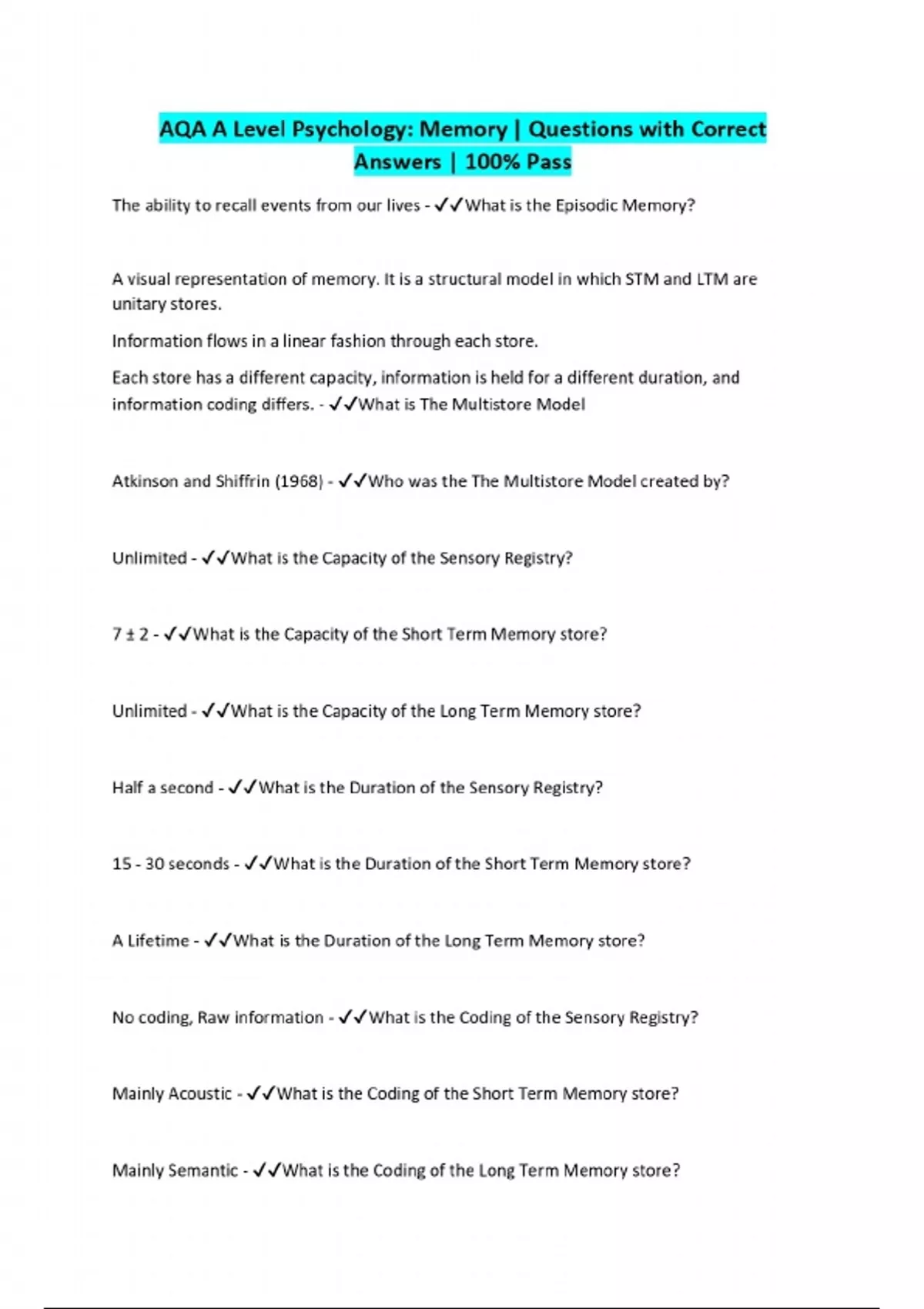 AQA A Level Psychology: Memory | Questions with Correct Answers | 100% ...