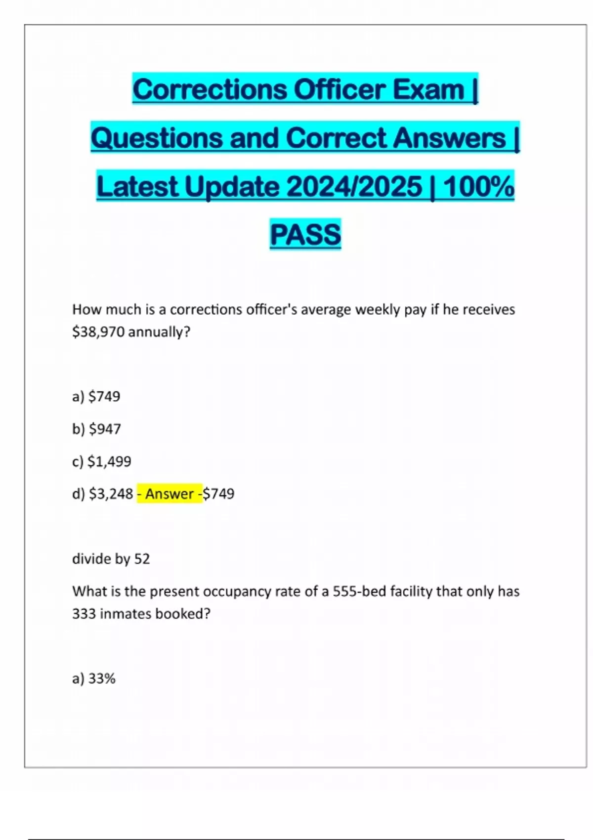 Corrections Officer Exam | Questions and Correct Answers | Latest ...