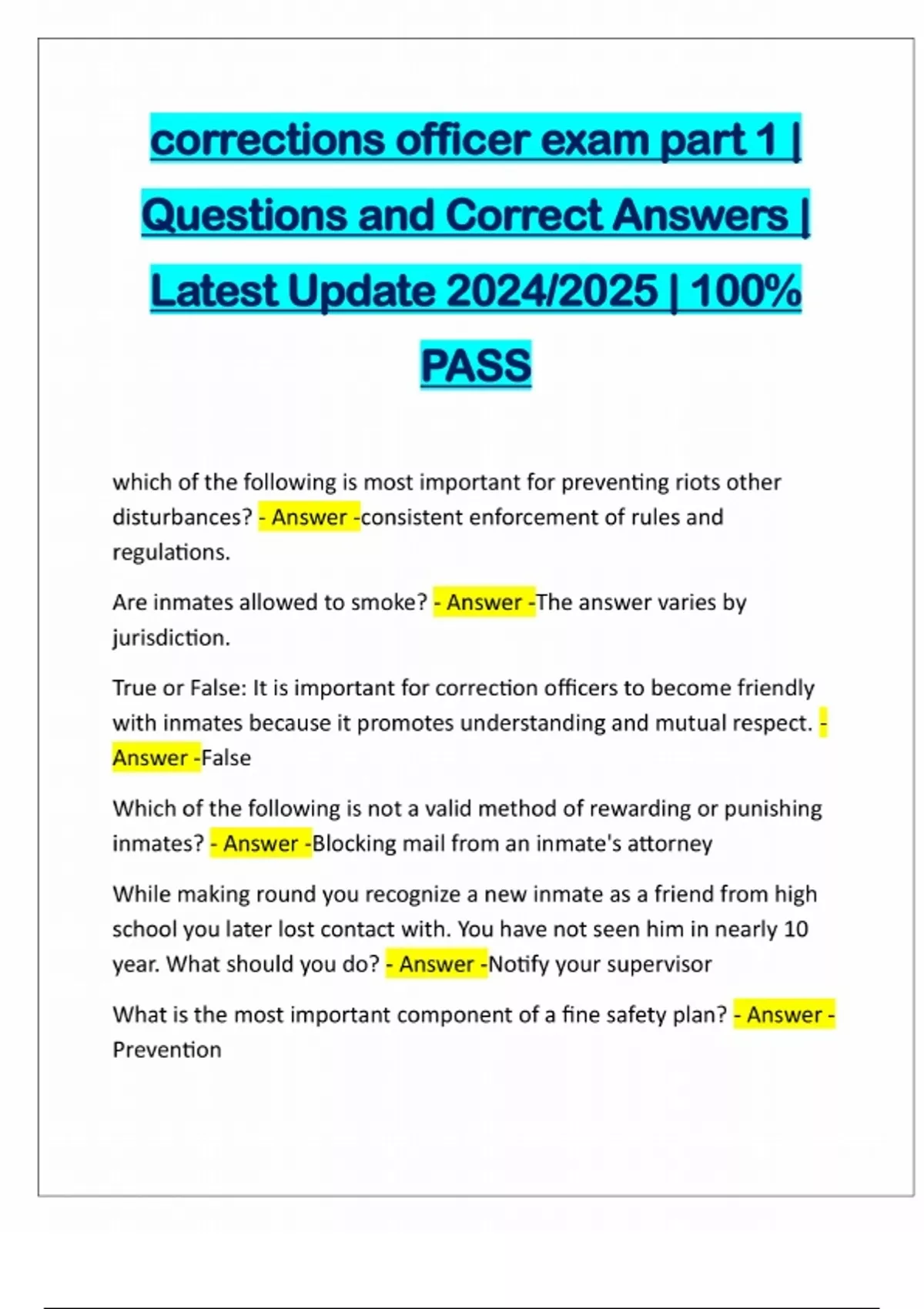 corrections officer exam part 1 | Questions and Correct Answers ...