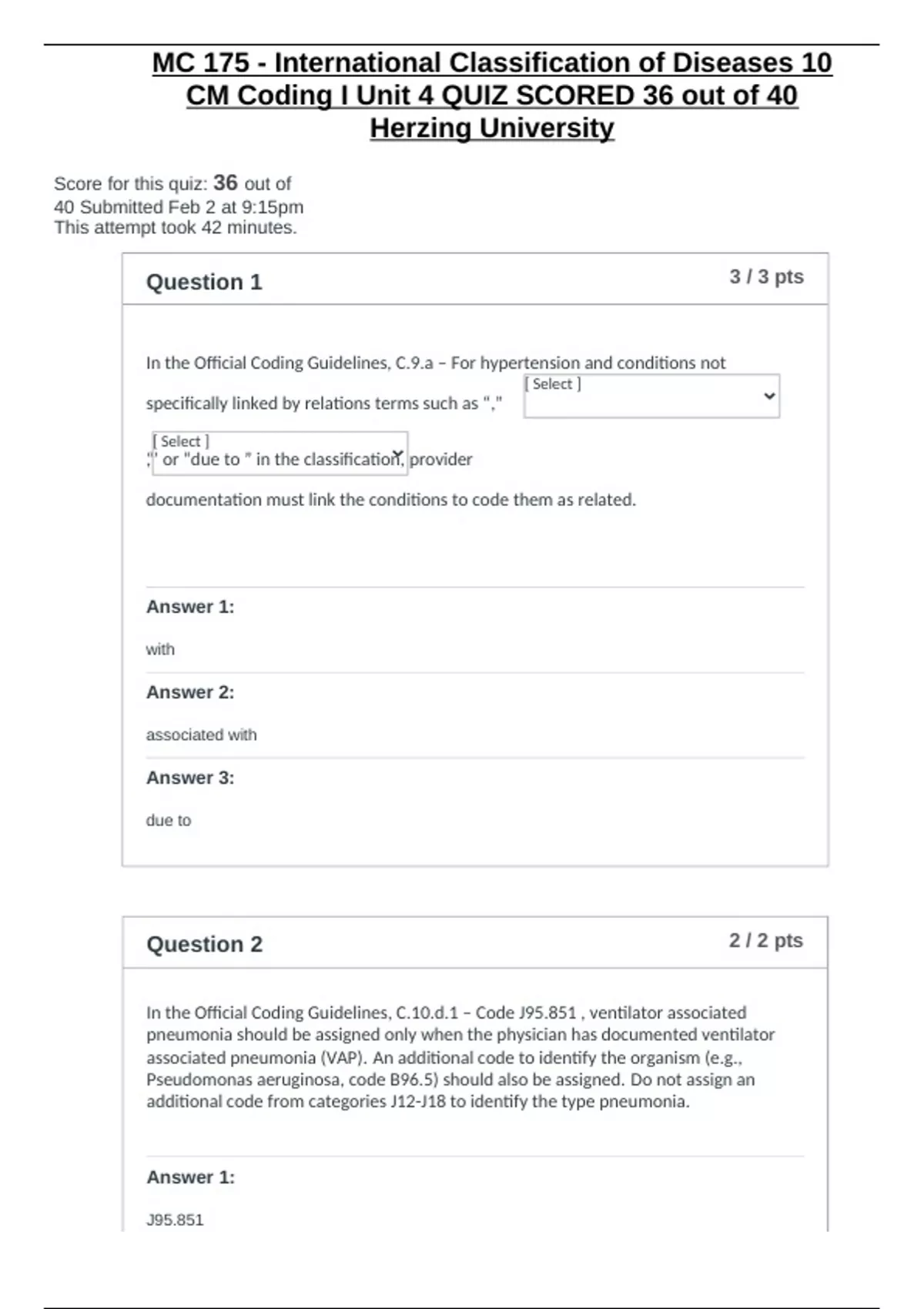 MC 175 - International Classification of Diseases 10 CM Coding I Unit 4 QUIZ SCORED 36 out of 40 ...