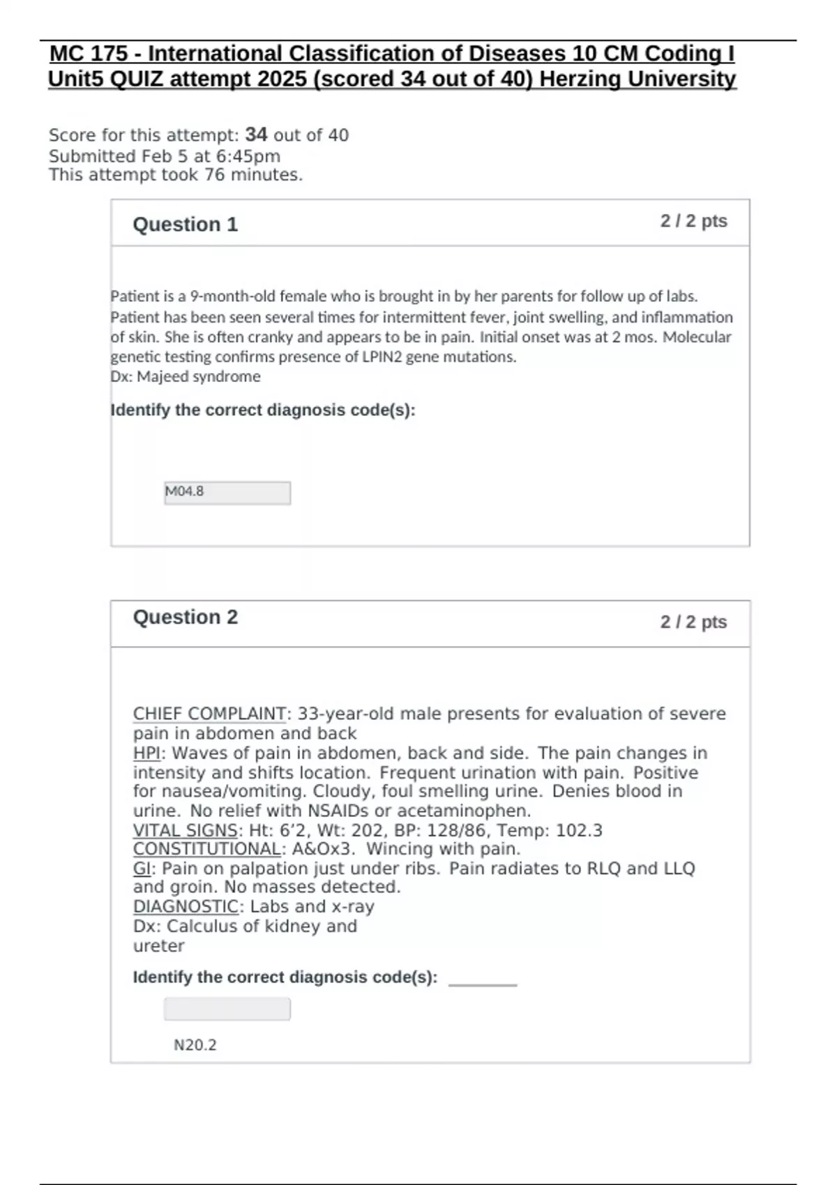 MC 175 - International Classification of Diseases 10 CM Coding I Unit5 QUIZ attempt 2025 (scored ...