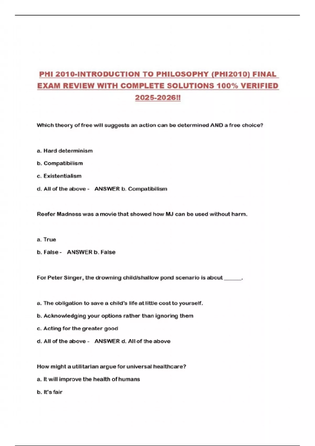 PHI 2010-INTRODUCTION TO PHILOSOPHY (PHI2010) FINAL EXAM REVIEW WITH COMPLETE SOLUTIONS 100% ...