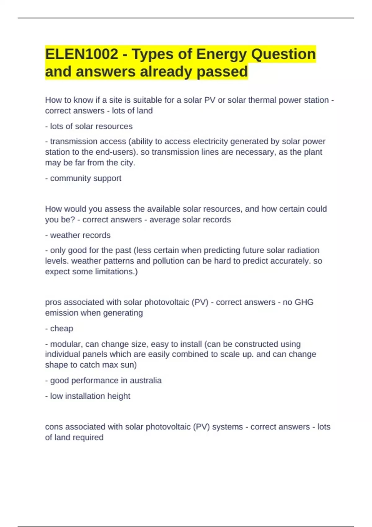 ELEN1002 - Types of Energy Question and answers already passed - ELEN ...