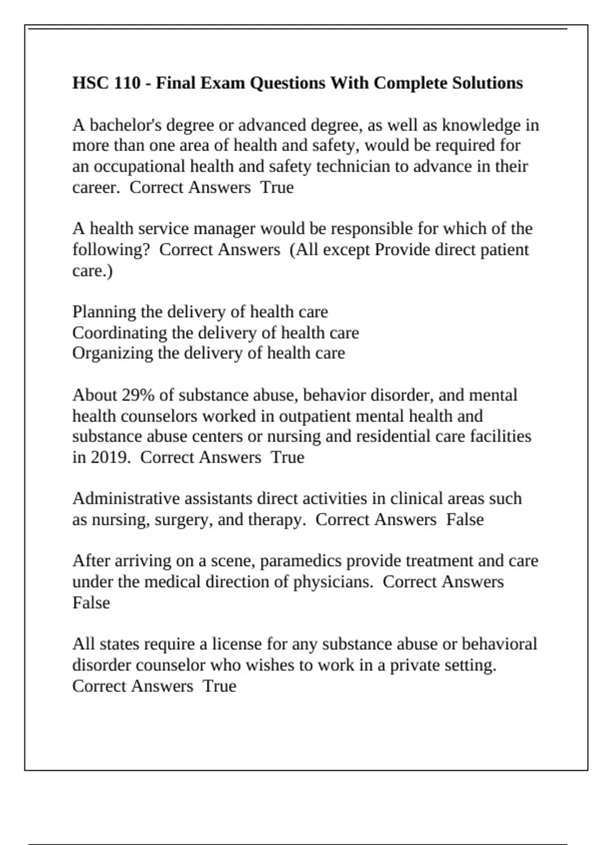 HSC 110 - Final Exam Questions With Complete Solutions - HSC 110 - Stuvia US