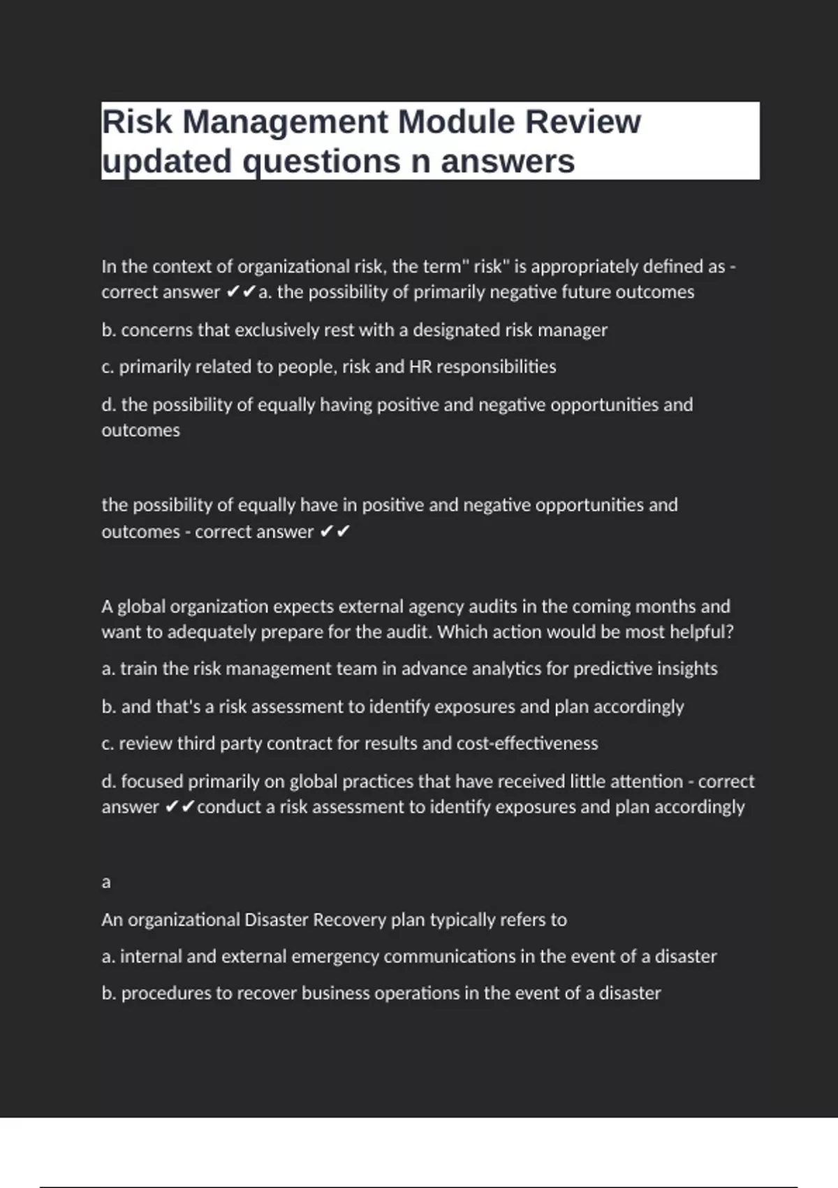 Risk Management Module Review updated questions n answers - Risk ...
