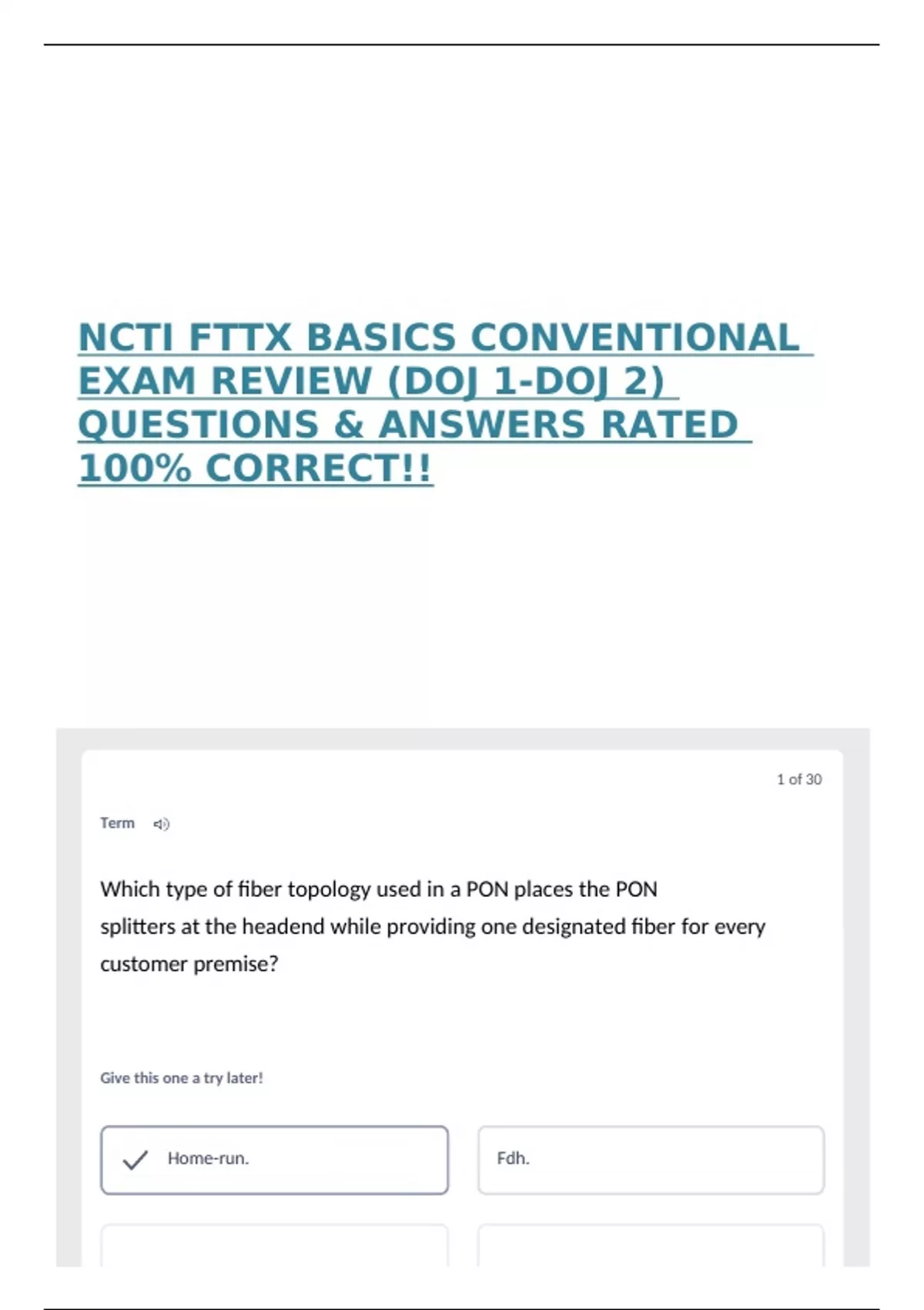 NCTI FTTX BASICS CONVENTIONAL EXAM REVIEW (DOJ 1-DOJ 2) QUESTIONS ...