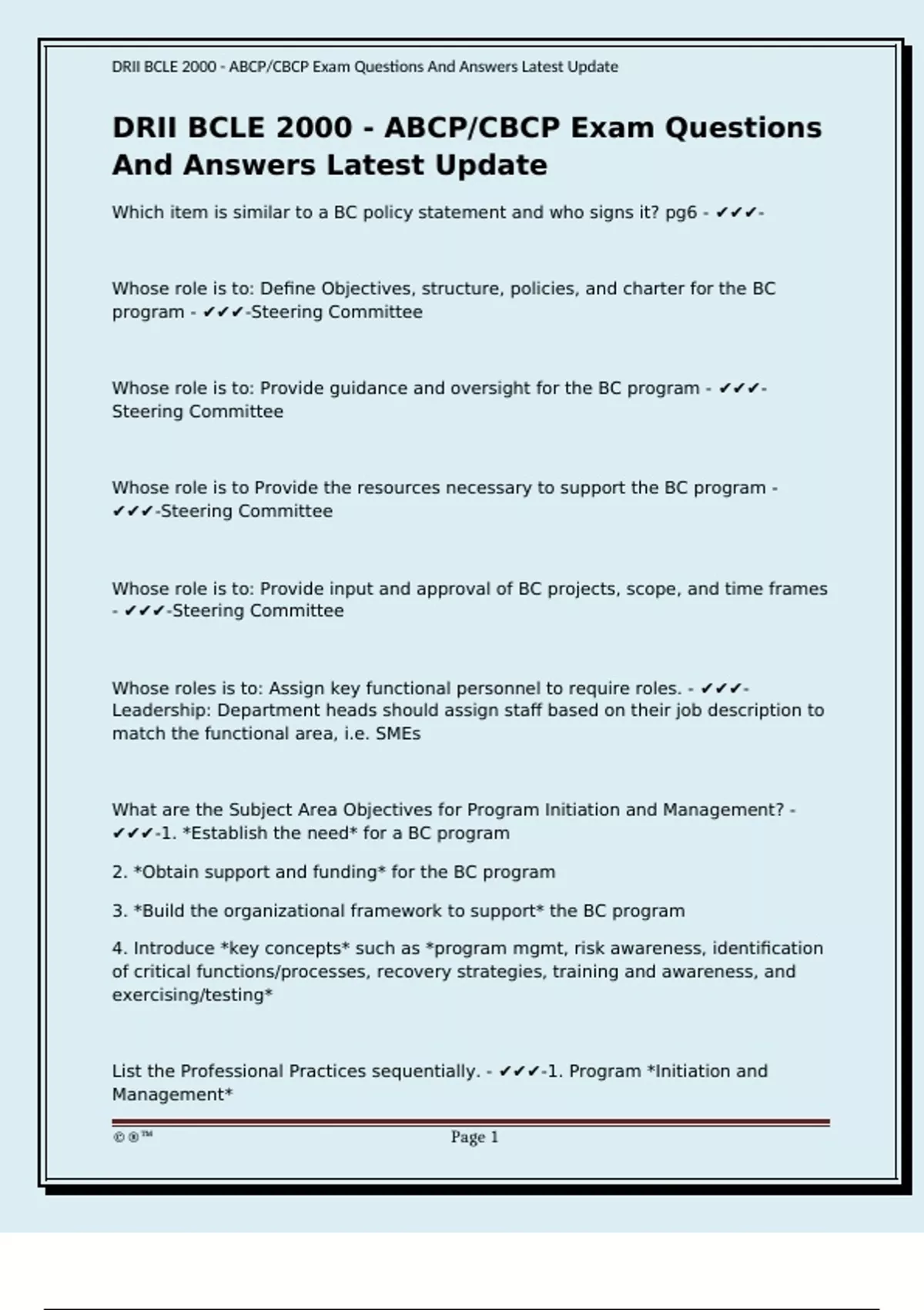 DRII BCLE 2000 - ABCP/CBCP Exam Questions And Answers Latest Update ...