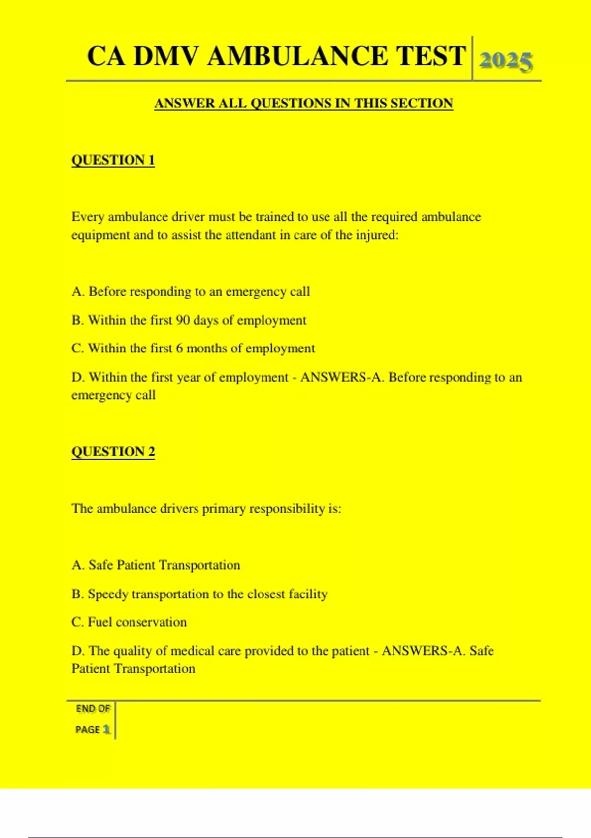 CA DMV AMBULANCE TEST QUESTIONS AND ANSWERS 2025 - CA DMV AMBULANCE ...