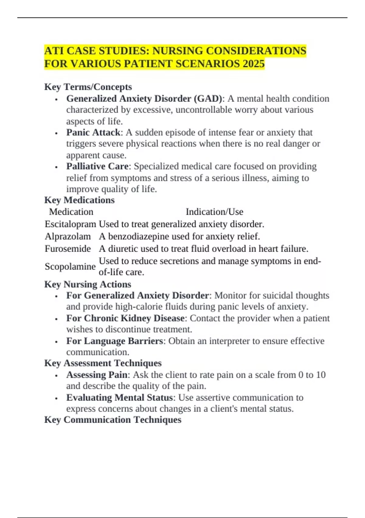 ATI CASE STUDIES: NURSING CONSIDERATIONS FOR VARIOUS PATIENT SCENARIOS ...
