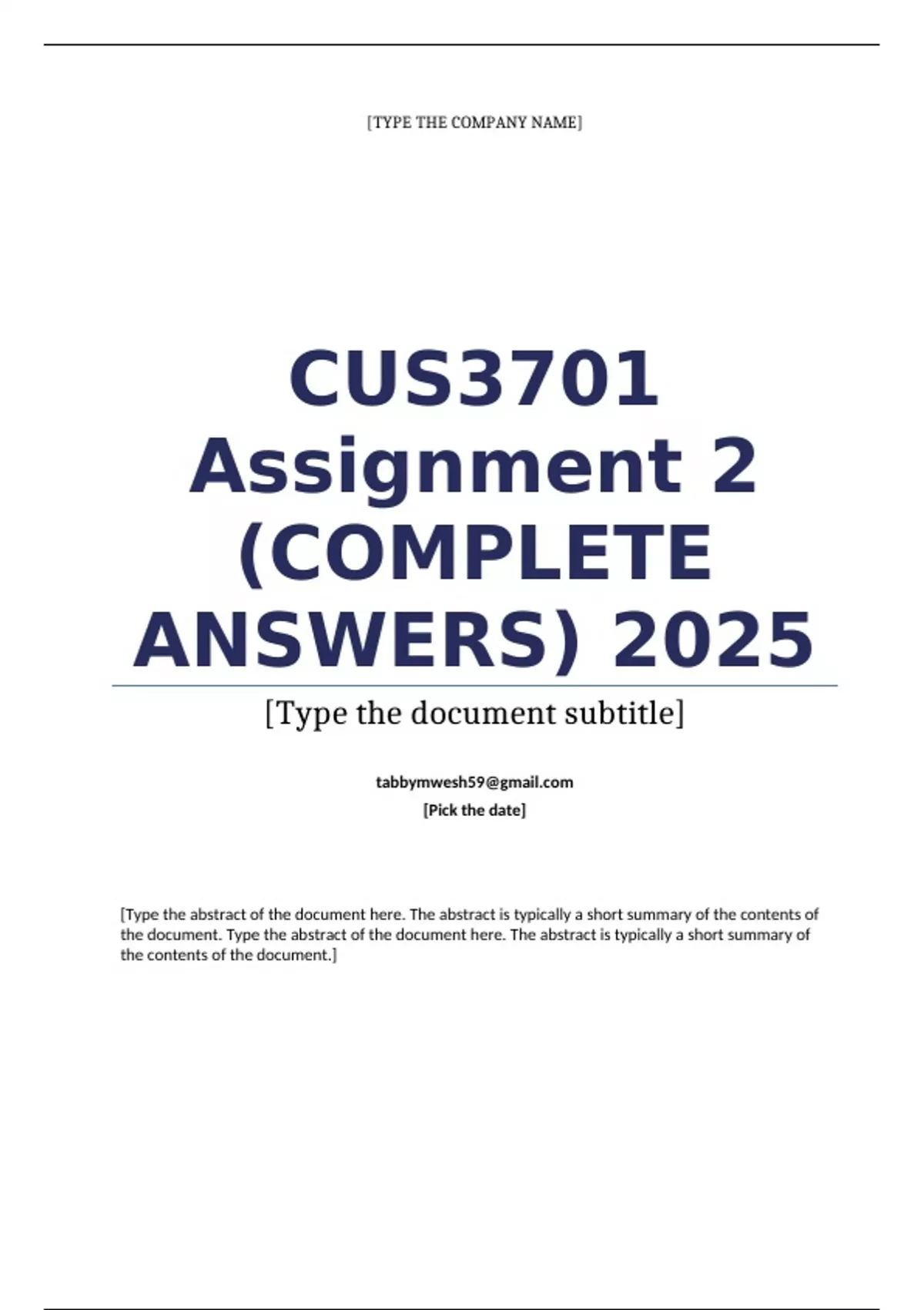 CUS3701 Assignment 2 (COMPLETE ANSWERS) 2025 - DUE 2025; 100% TRUSTED ...
