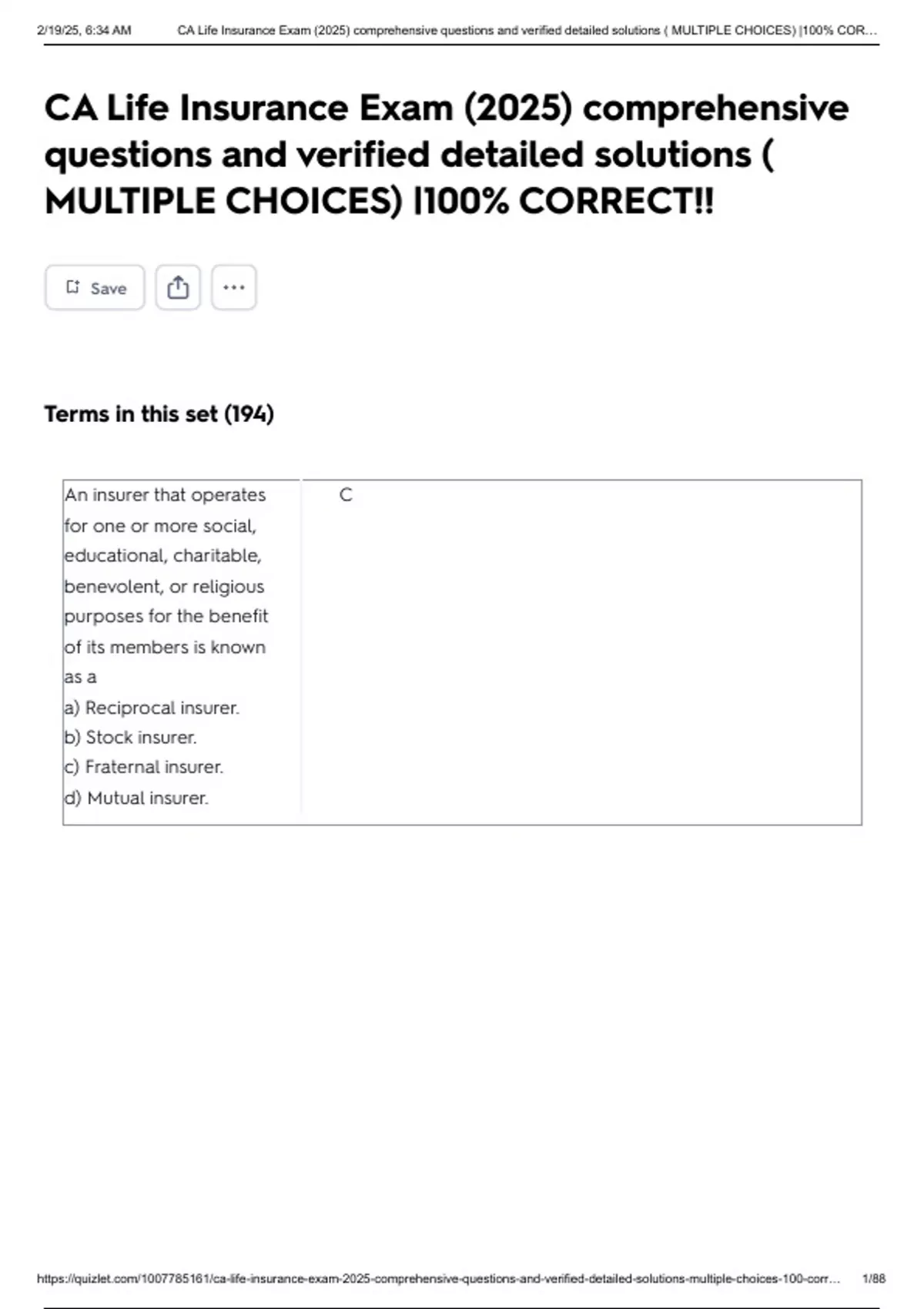 CA Life Insurance Exam (2025) comprehensive questions and verified ...