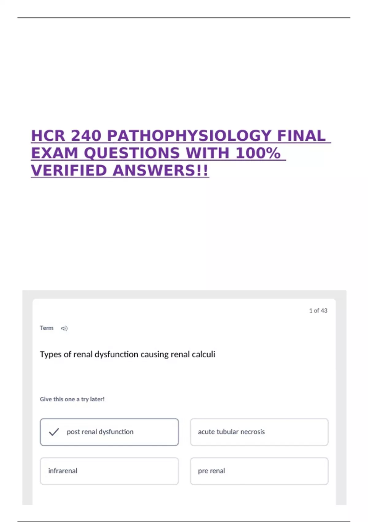 HCR 240 PATHOPHYSIOLOGY FINAL EXAM QUESTIONS WITH 100% VERIFIED ANSWERS ...