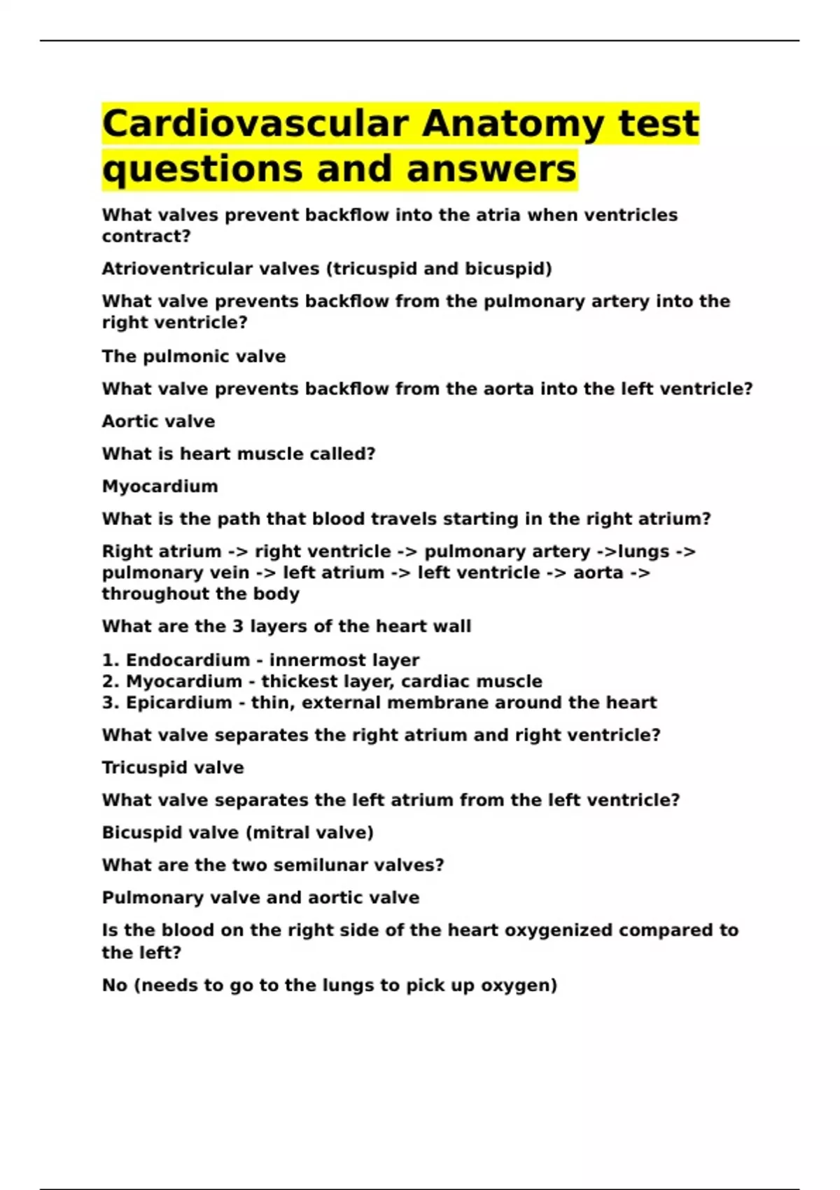 Cardiovascular Anatomy test questions and answers. - Backflow ...
