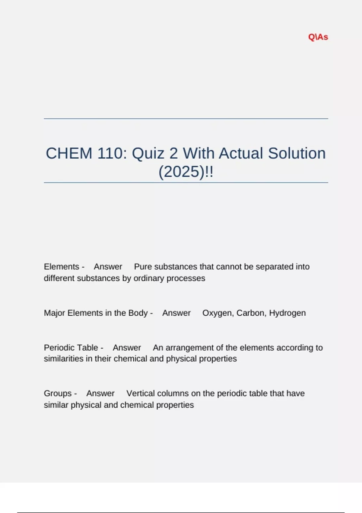 CHEM 110 Quiz 2 With Actual Solution (2025)!! - CHM 110 - Stuvia US