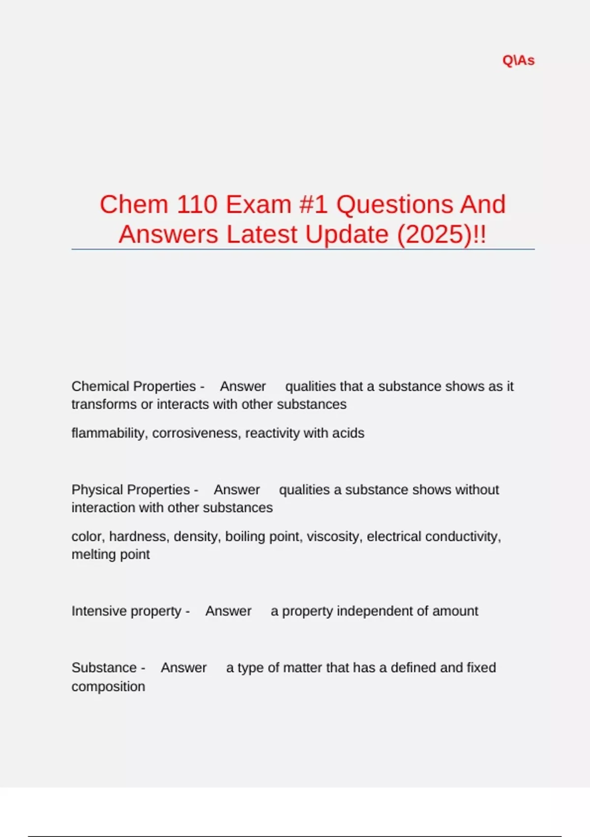 Chem 110 Exam -1 Questions And Answers Latest Update (2025)!! - CHM 110 ...