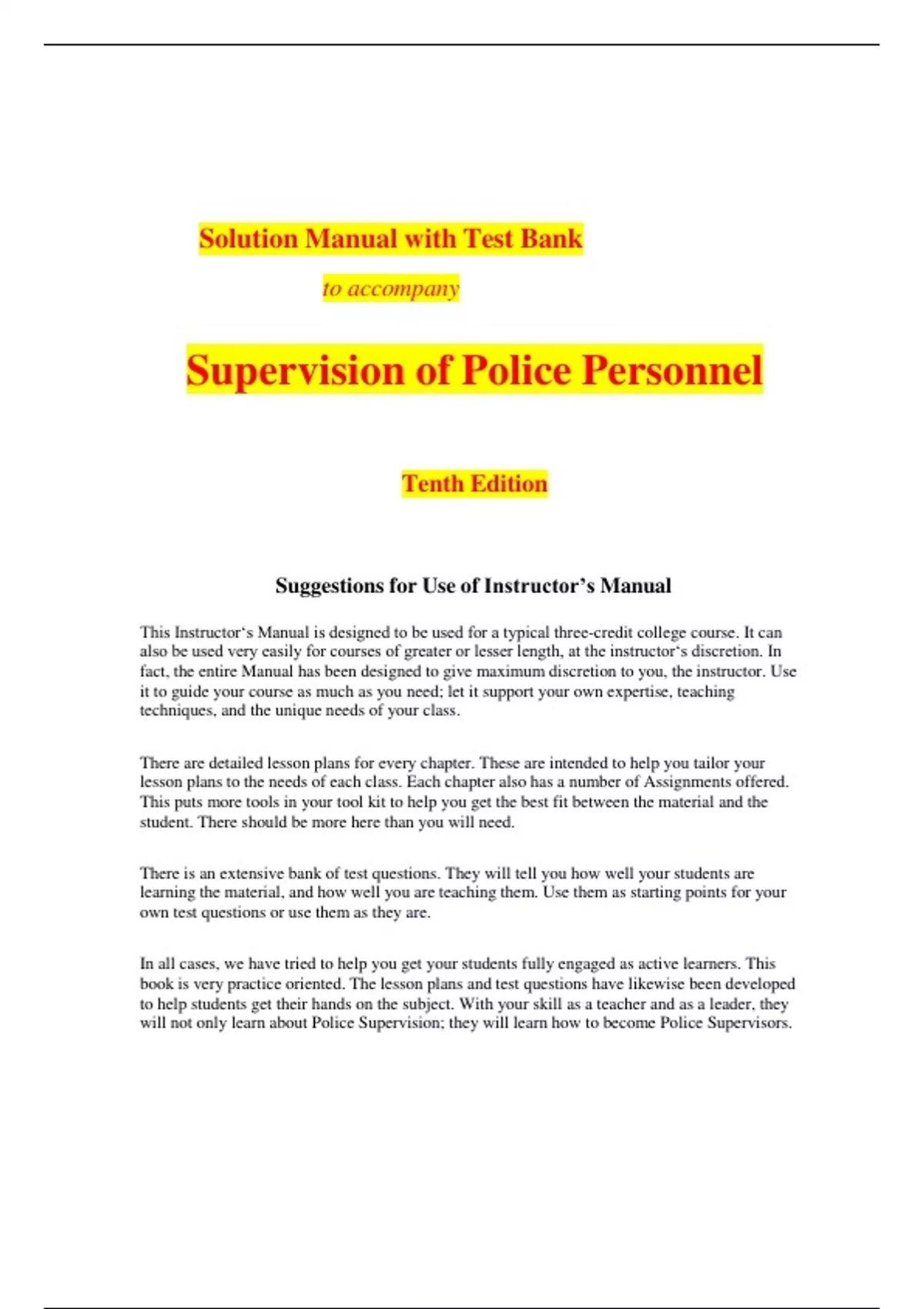 Test Bank For Supervision of Police Personnel, 10th Edition by Nathan F ...
