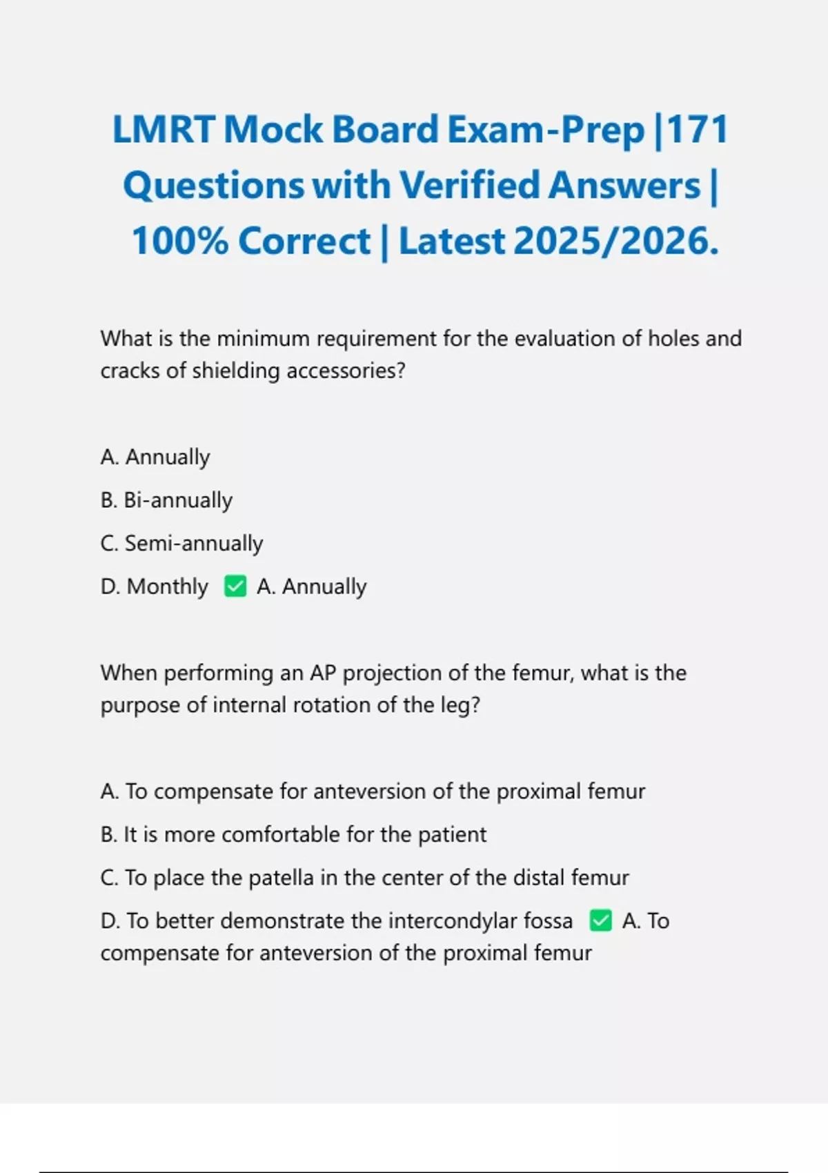 LMRT Mock Board Exam-Prep |171 Questions with Verified Answers | 100% ...