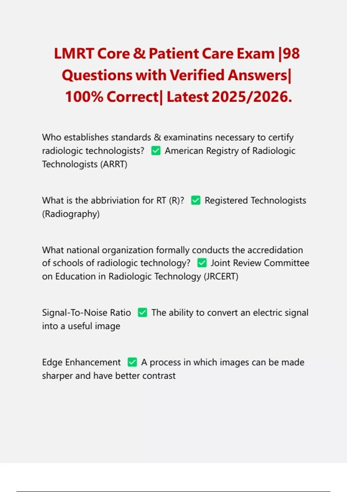 LMRT Core & Patient Care Exam |98 Questions with Verified Answers| 100% ...