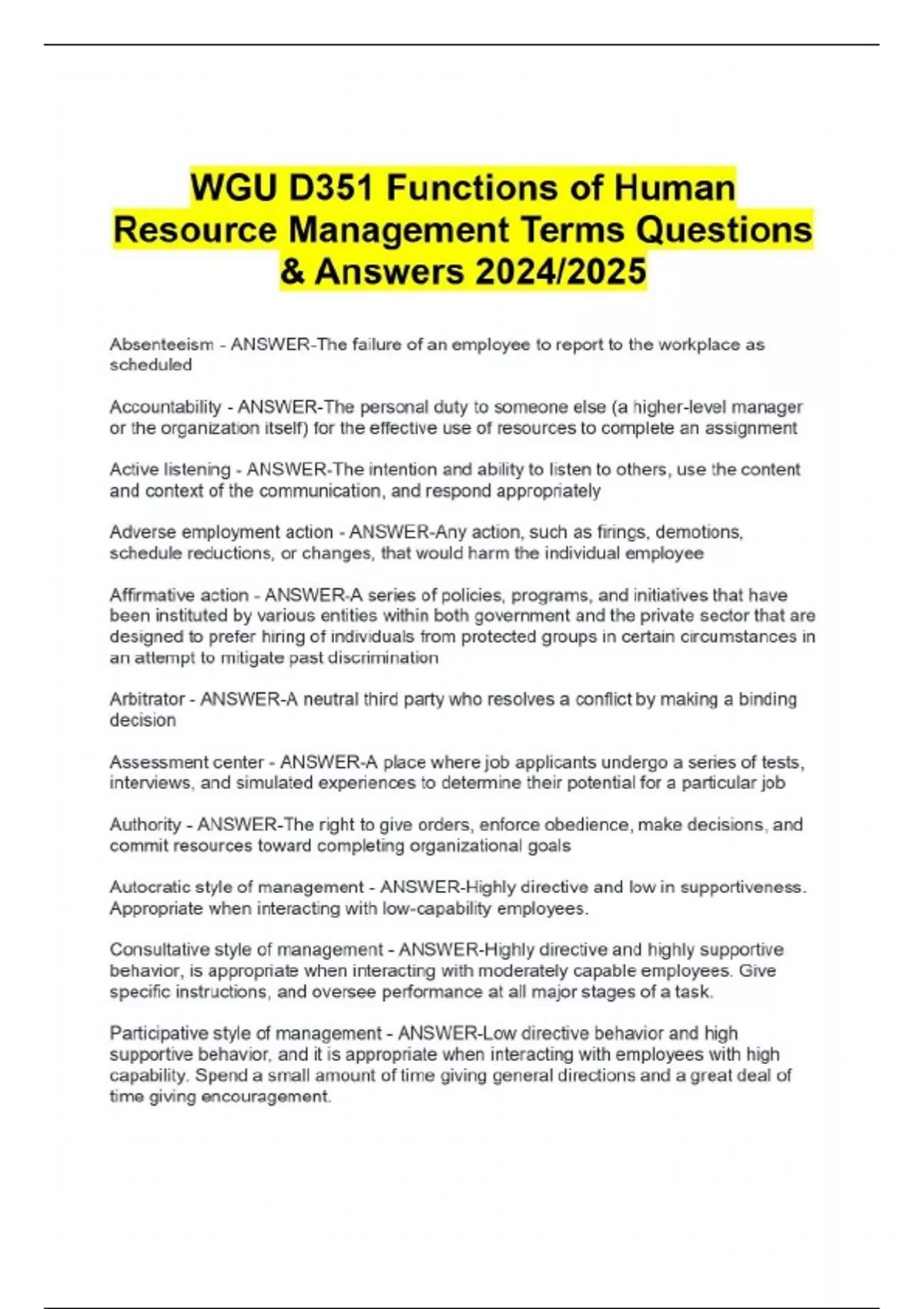 WGU D351 Functions of Human Resource Management Terms Questions ...