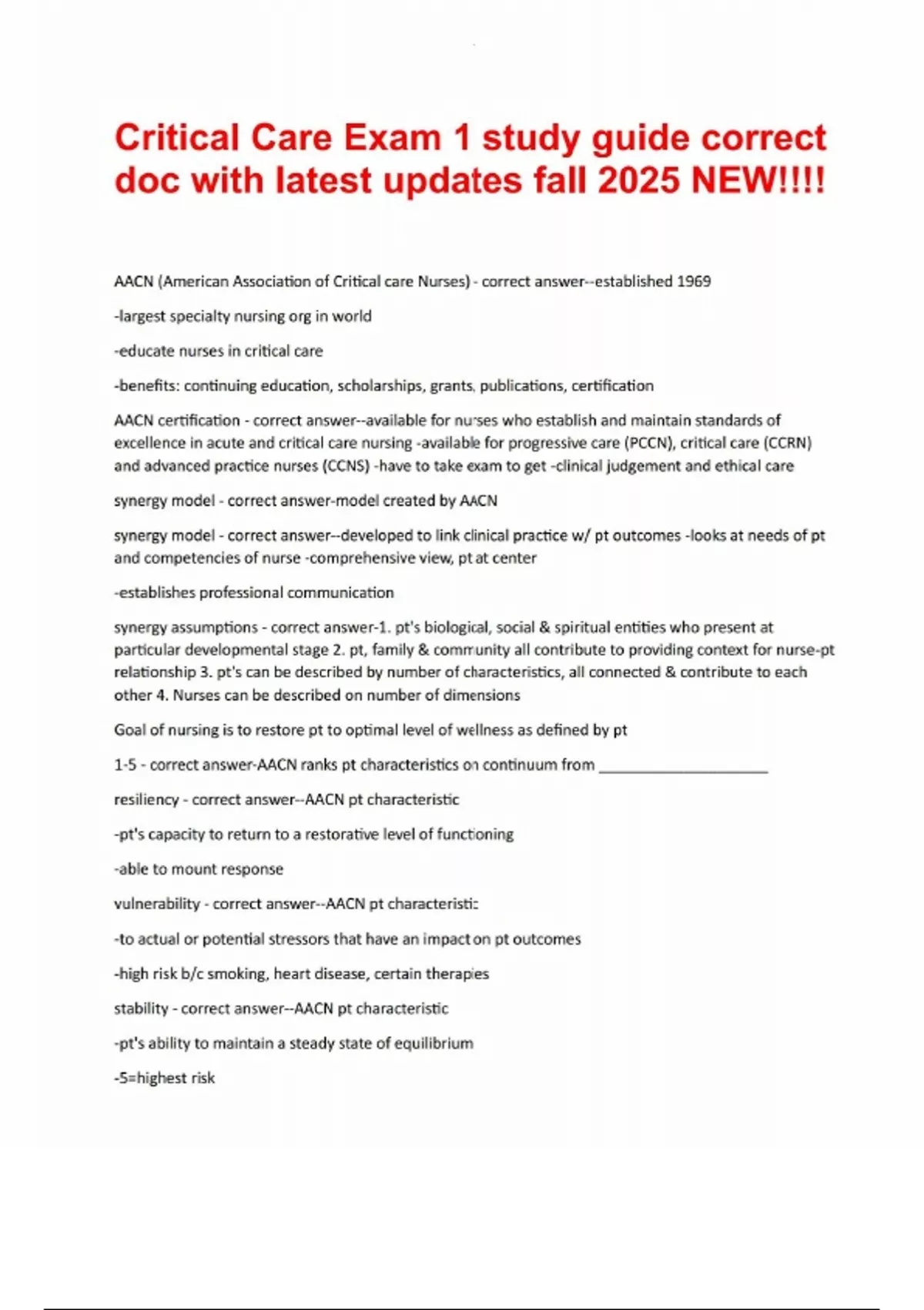 Critical Care Exam 1 study guide correct doc with latest updates fall ...