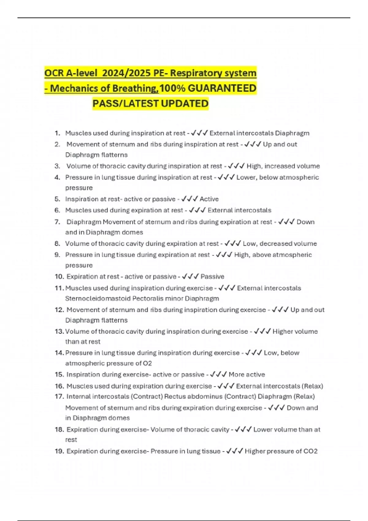 OCR A-level 2024/2025 PE- Respiratory system - Mechanics of Breathing ...