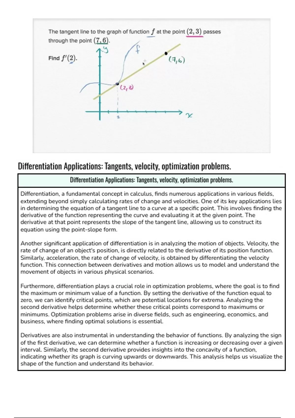 Differentiation Applications: Tangents, velocity, optimization problems. - Mathmatics - Stuvia US