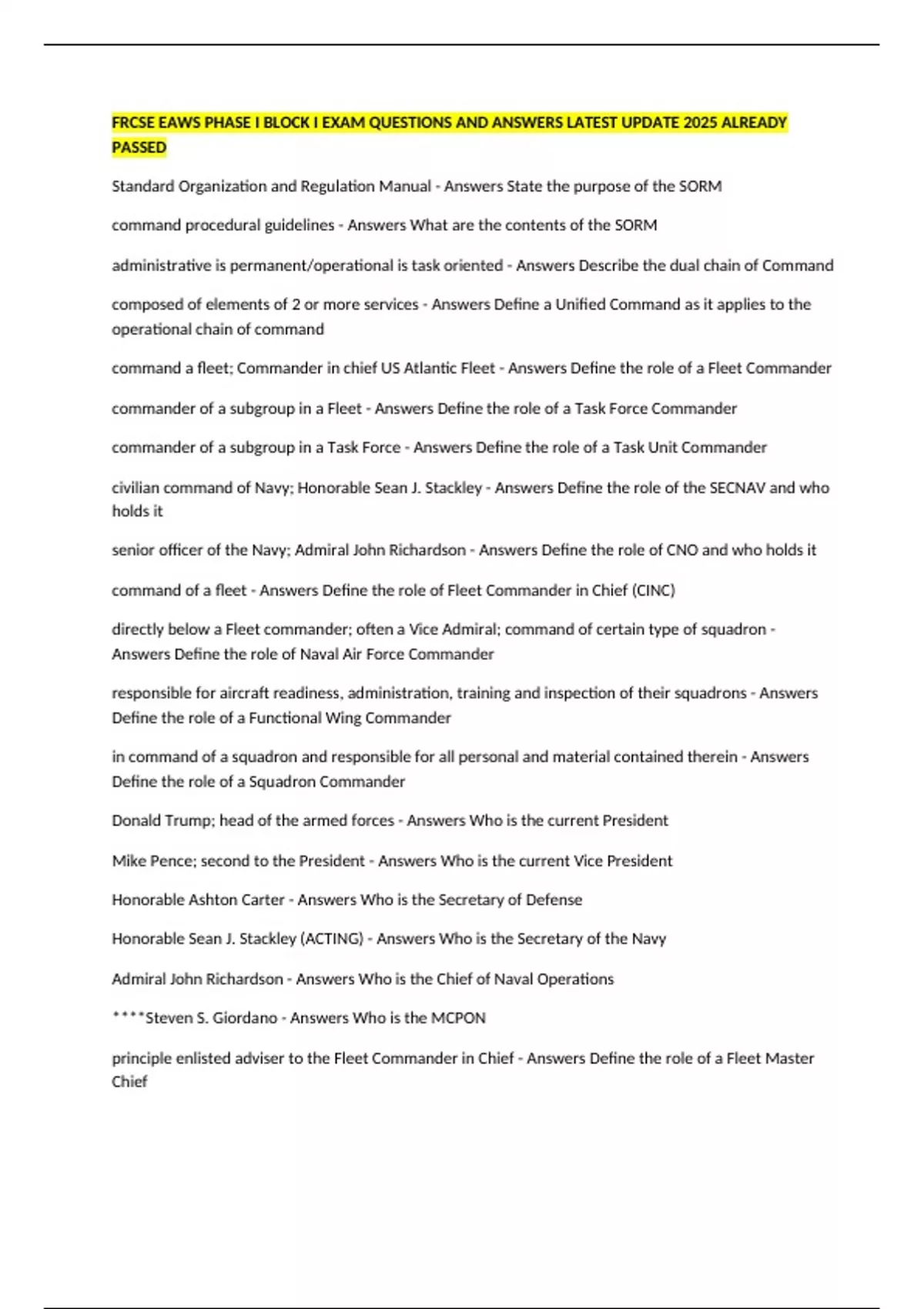 FRCSE EAWS PHASE I BLOCK I EXAM QUESTIONS AND ANSWERS LATEST UPDATE ...