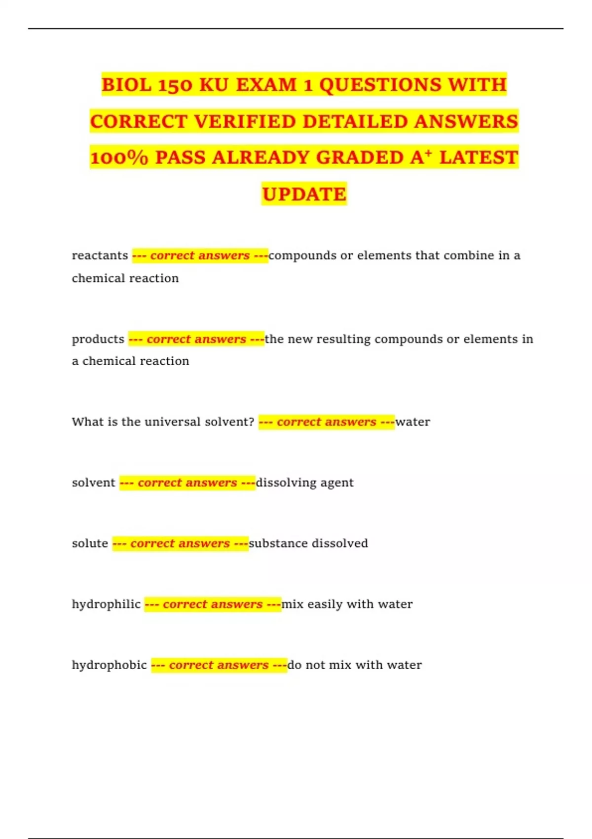 BIOL 150 KU EXAM 1 QUESTIONS WITH CORRECT VERIFIED DETAILED ANSWERS 100% PASS ALREADY GRADED A+ ...
