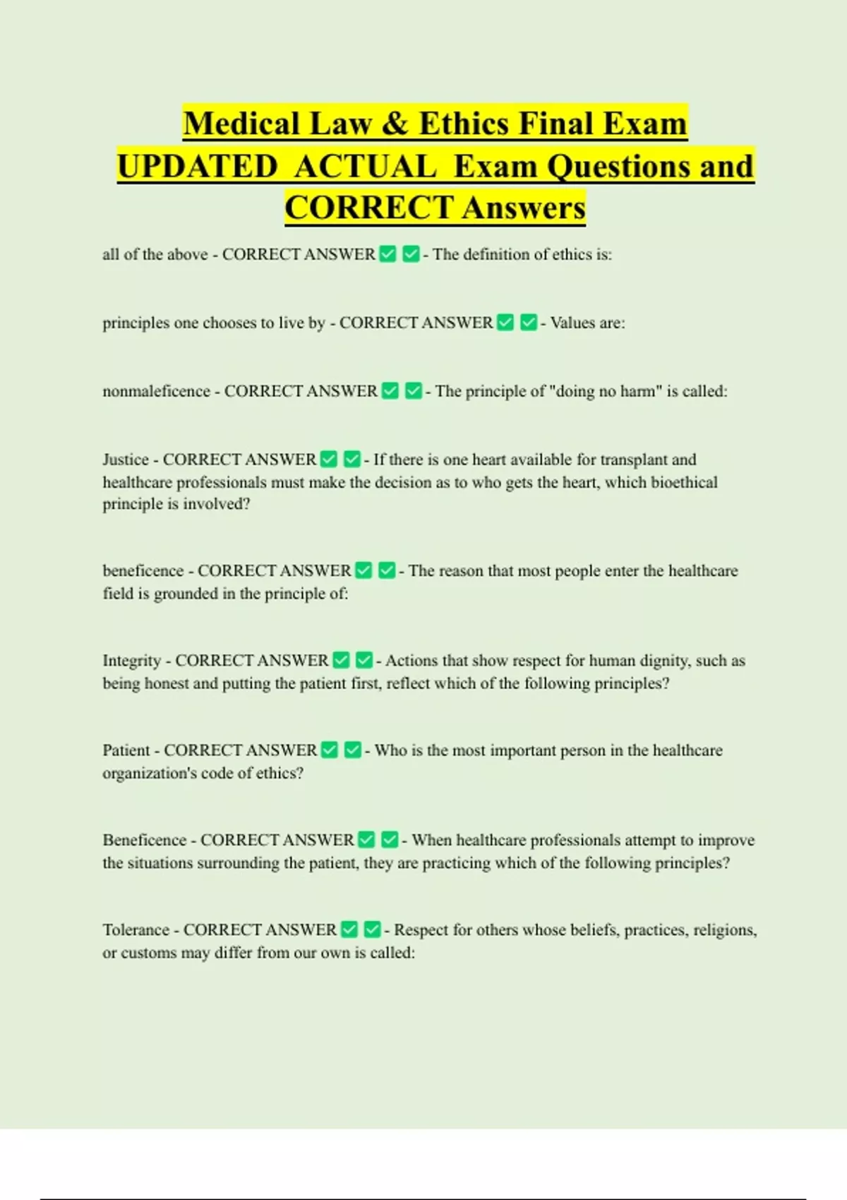 Medical Law & Ethics Final Exam UPDATED ACTUAL Exam Questions and ...