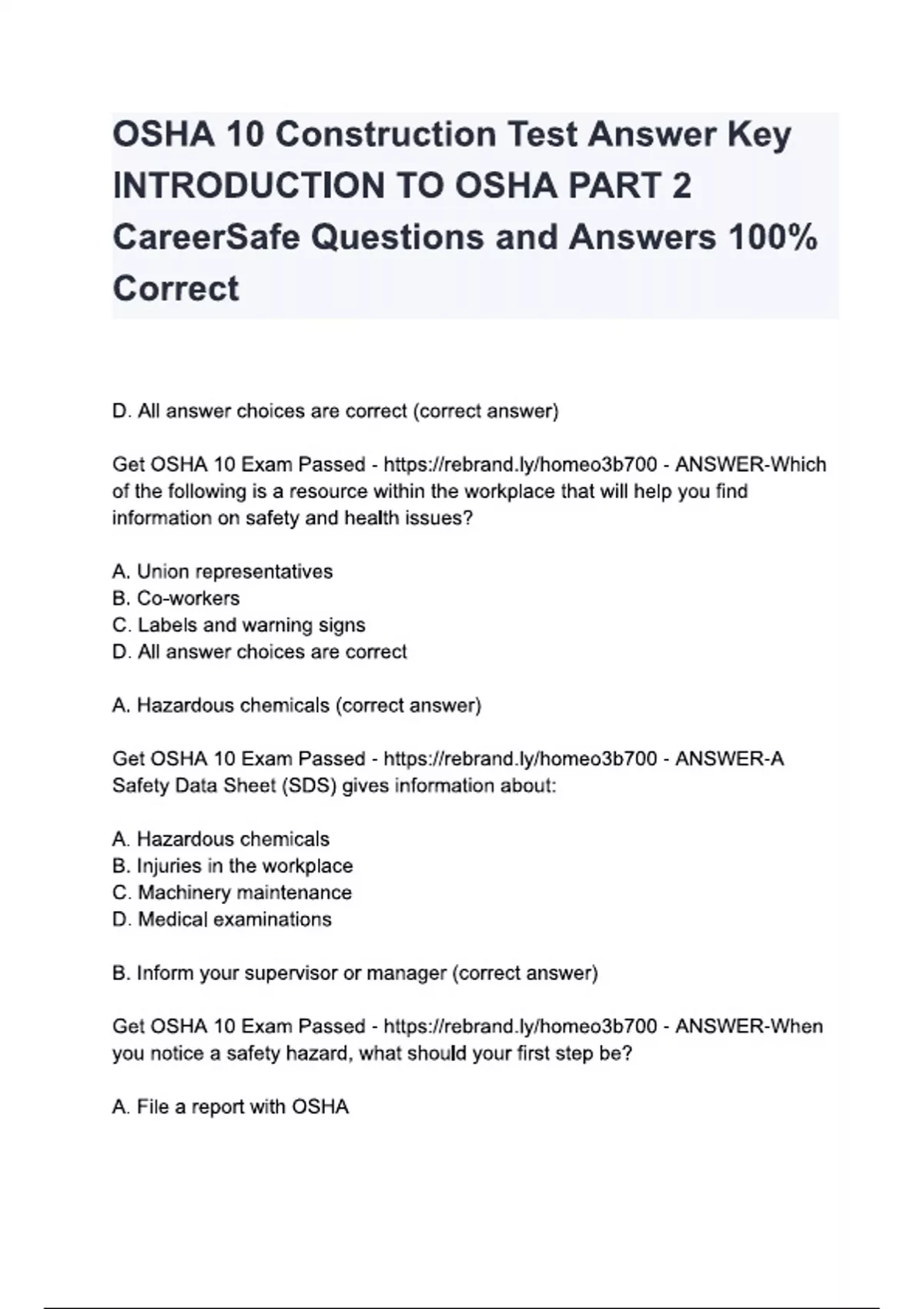 OSHA 10 Construction Test Answer Key INTRODUCTION TO OSHA PART 2 ...