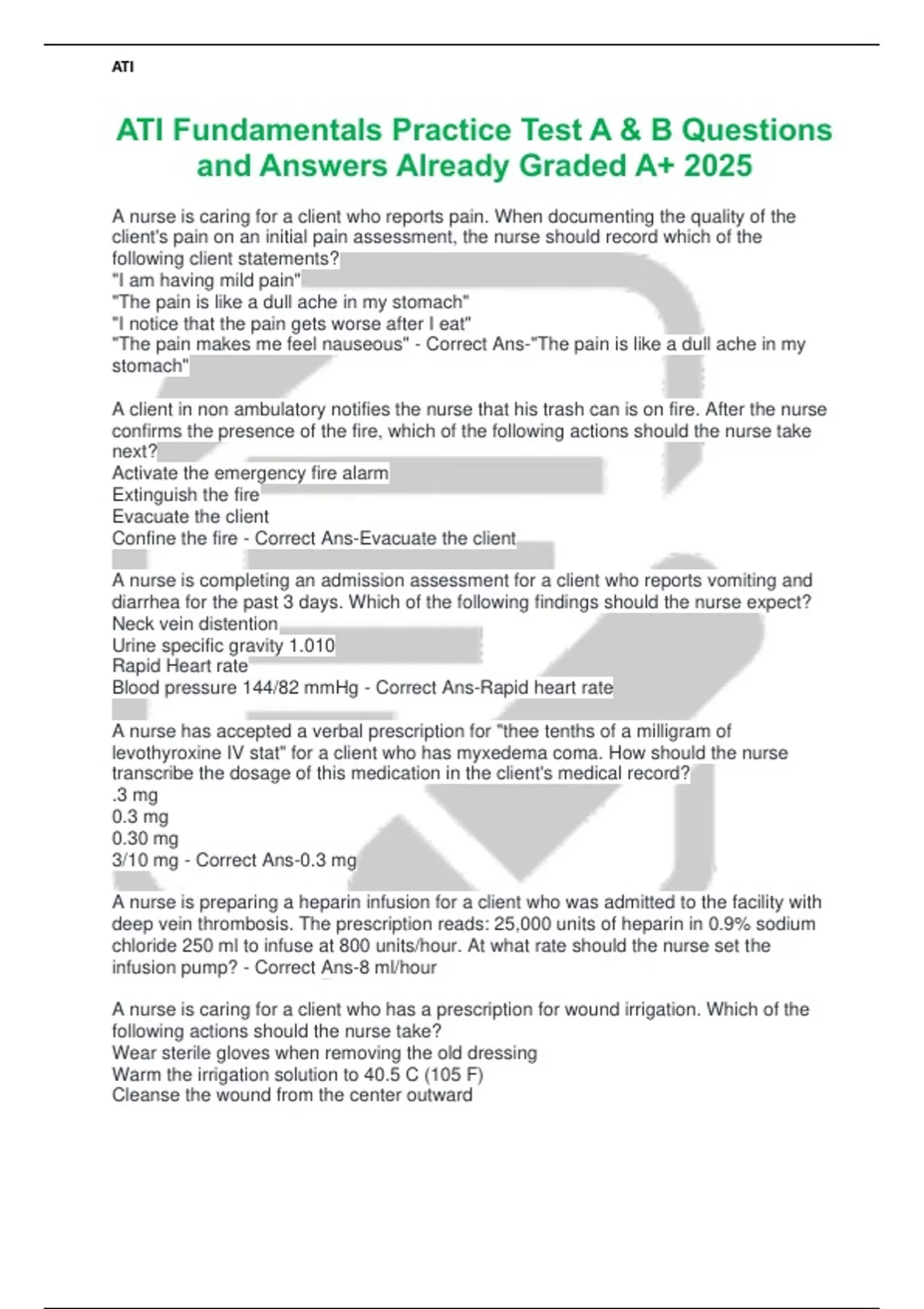 ATI Fundamentals Practice Test A & B Questions and Answers Already ...