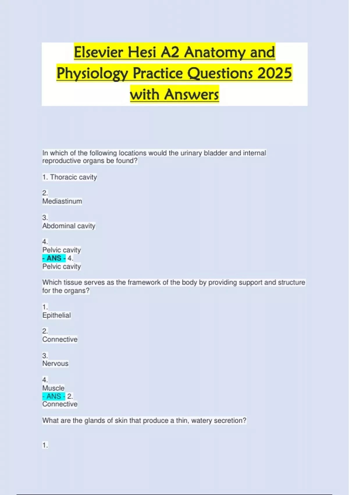 Elsevier Hesi A2 Anatomy and Physiology Practice Questions 2025 with ...