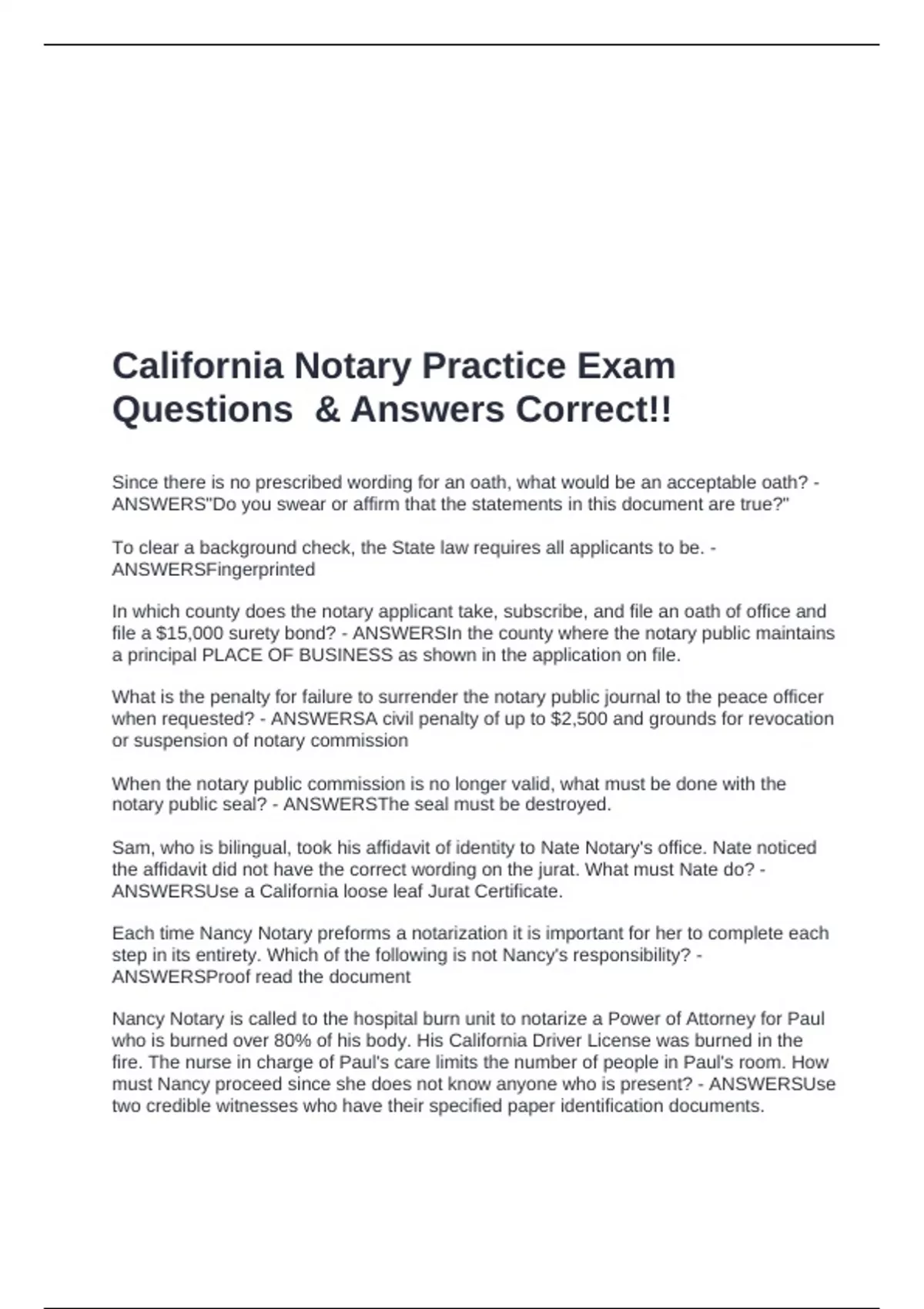 California Notary Practice Exam Questions & Answers Correct ...