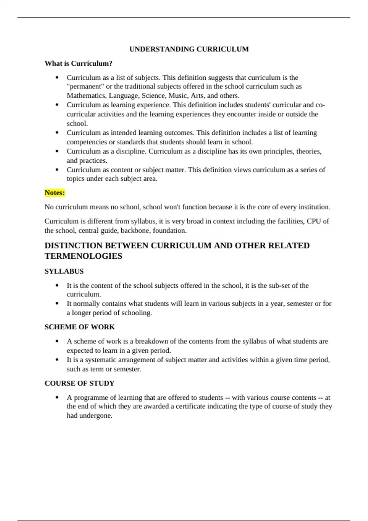 Summary Understanding Curriculum - BEED / BSED - Stuvia US