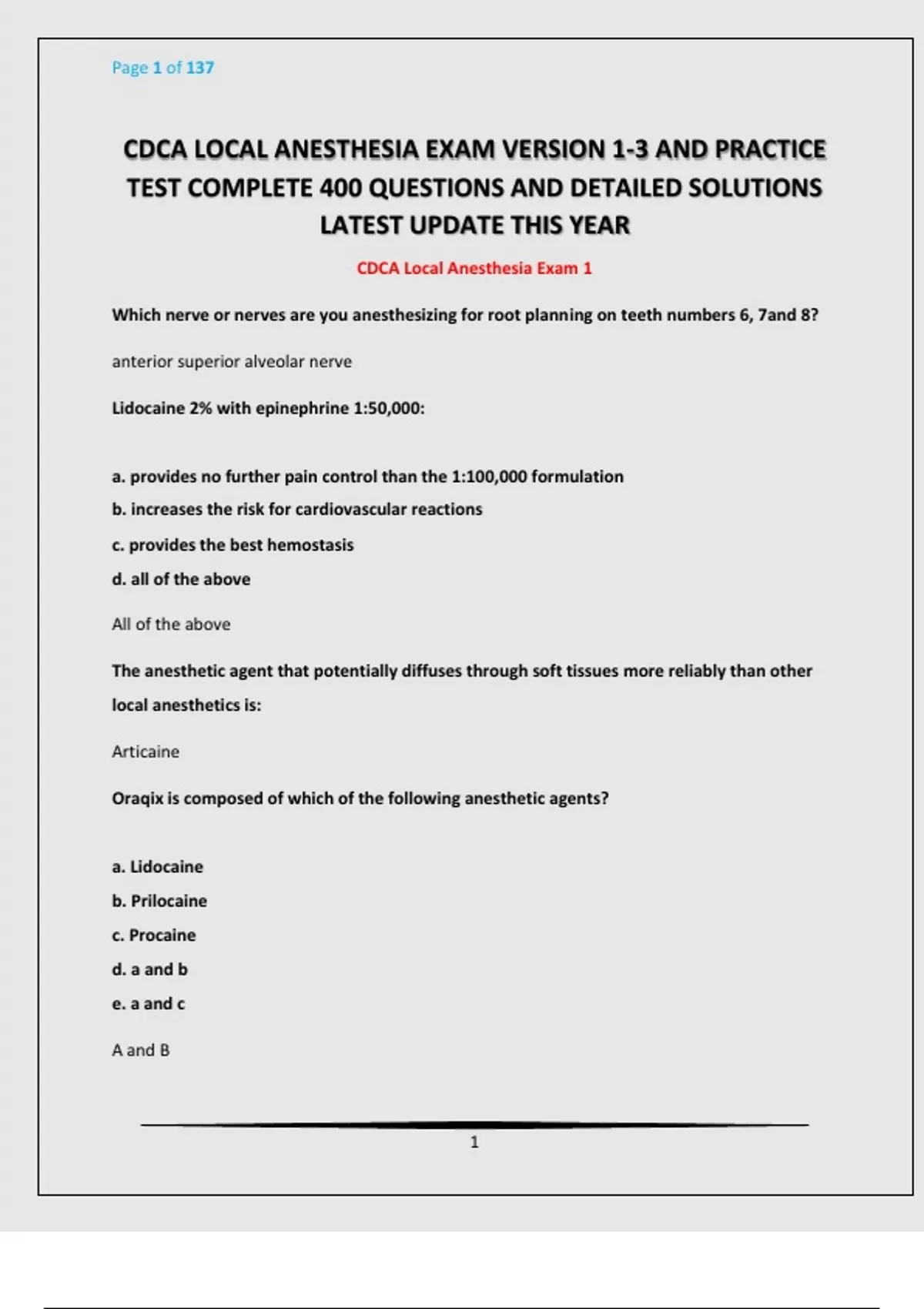 CDCA LOCAL ANESTHESIA EXAM VERSION 1-3 AND PRACTICE TEST COMPLETE 400 ...