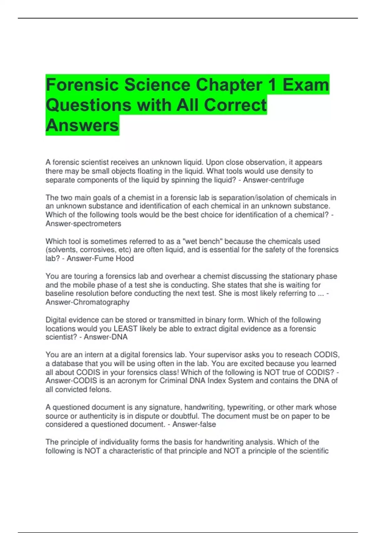Forensic Science Chapter 1 Exam Questions with All Correct Answers ...