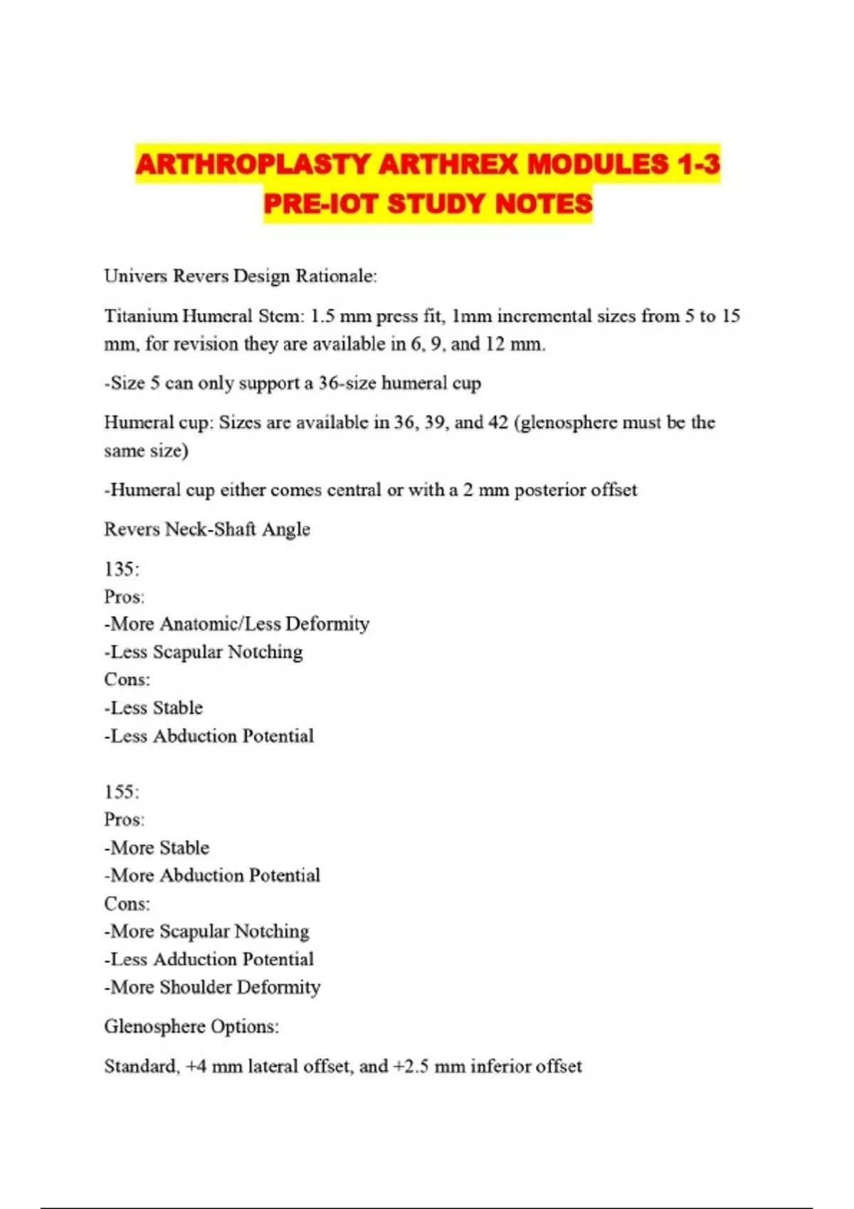 ARTHROPLASTY ARTHREX MODULES 1-3 PRE-IOT STUDY NOTES - ARTHROPLASTY ...