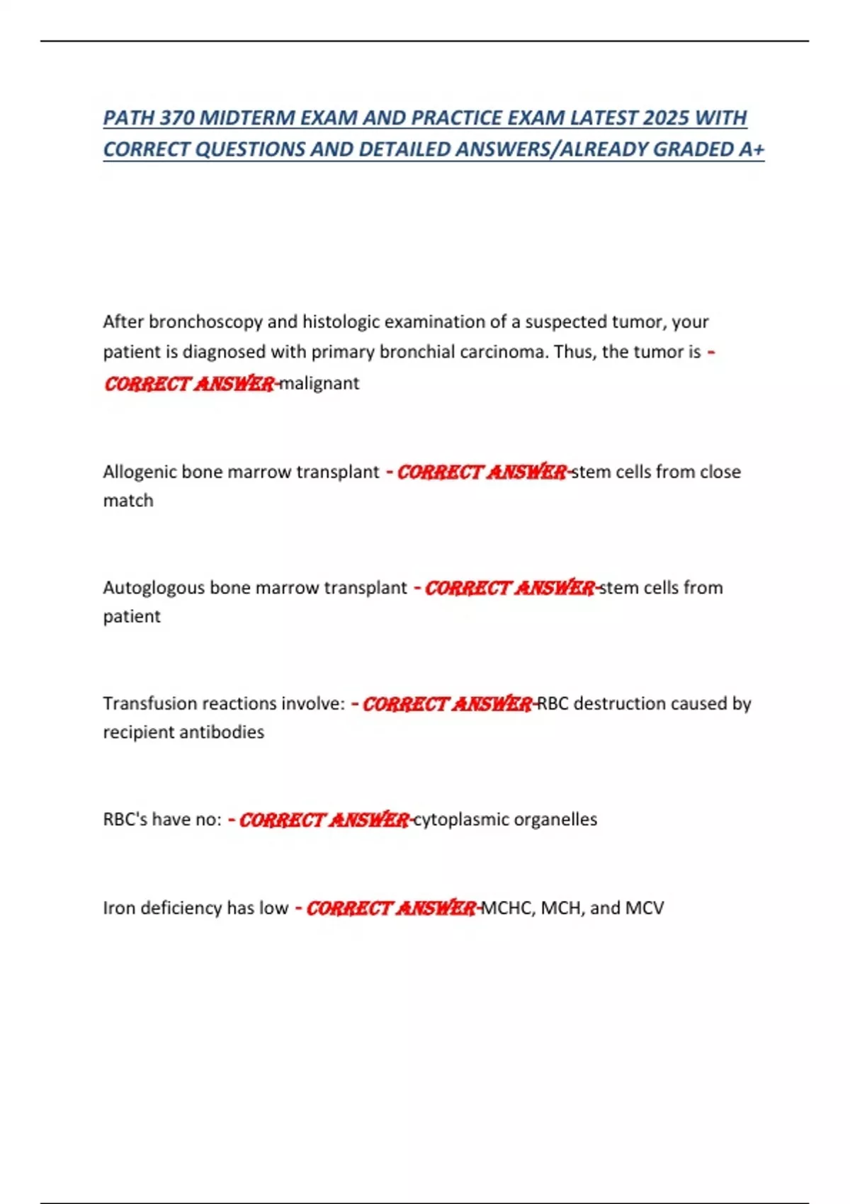 PATH 370 MIDTERM EXAM AND PRACTICE EXAM LATEST 2025 WITH CORRECT ...