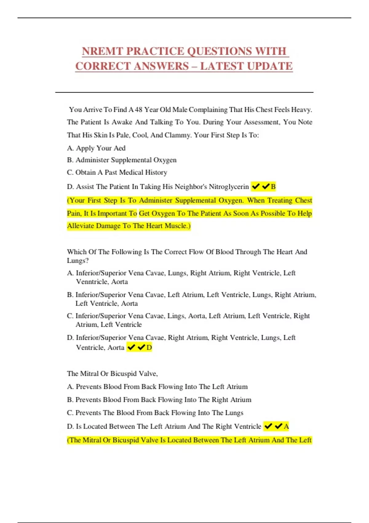 Nremt Practice Questions With Correct Answers Latest Update Nremt Stuvia Us