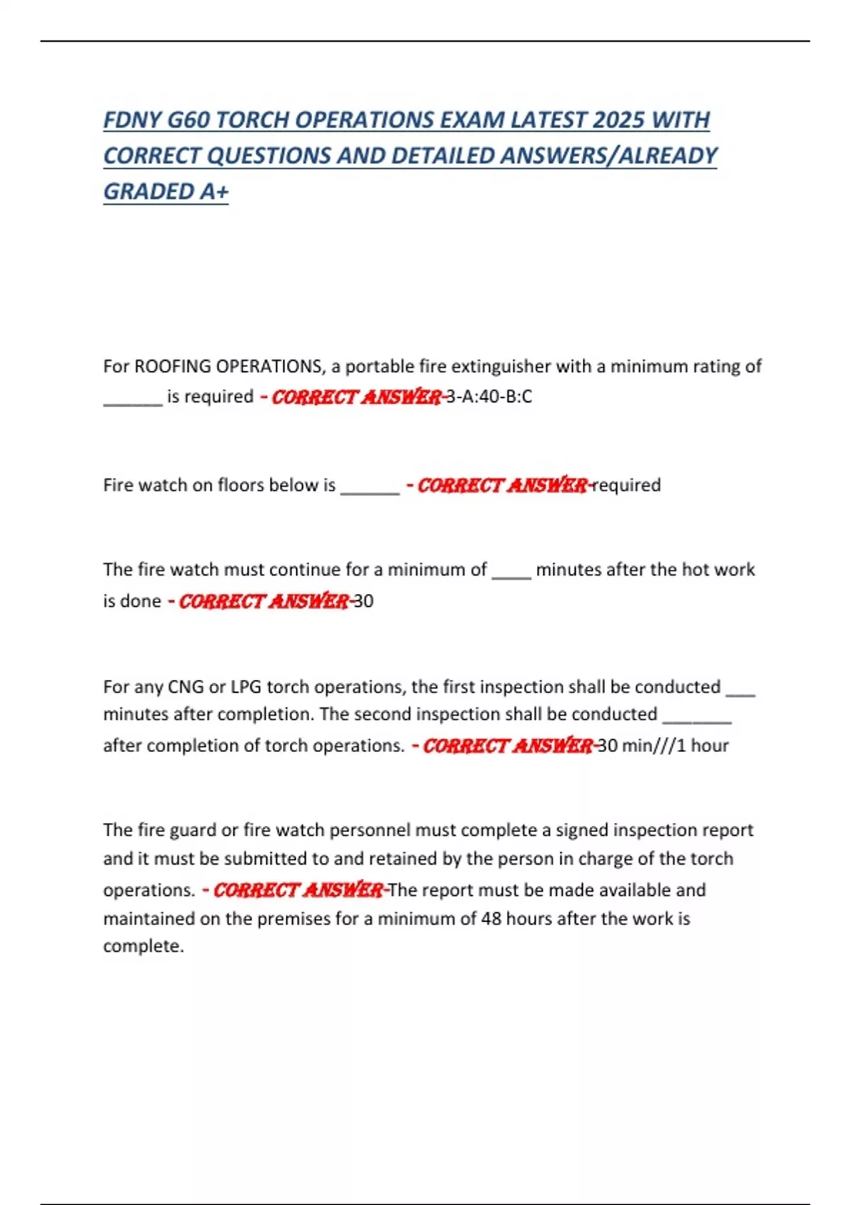 FDNY G60 TORCH OPERATIONS EXAM LATEST 2025 WITH CORRECT QUESTIONS AND ...