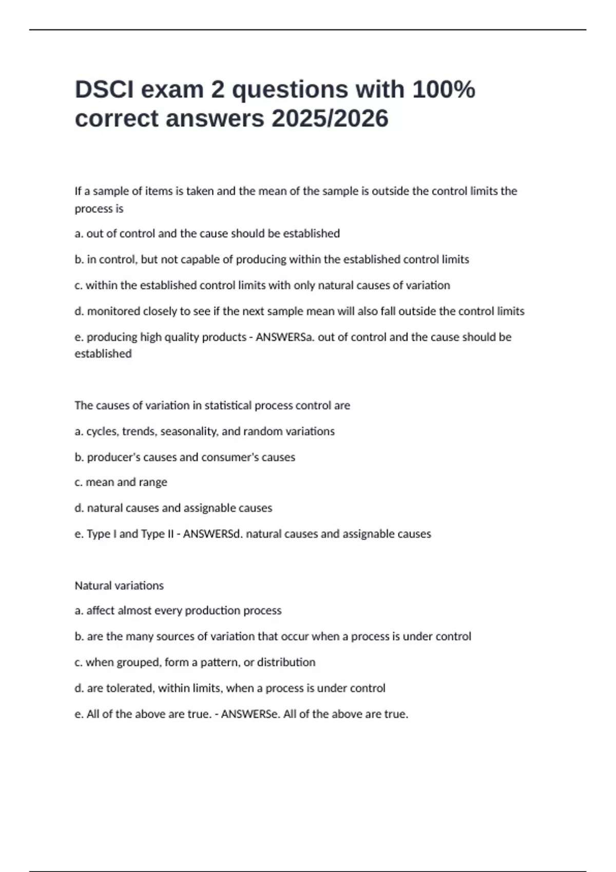 DSCI exam 2 questions with 100% correct answers 2025/2026 - DSCI - Stuvia US