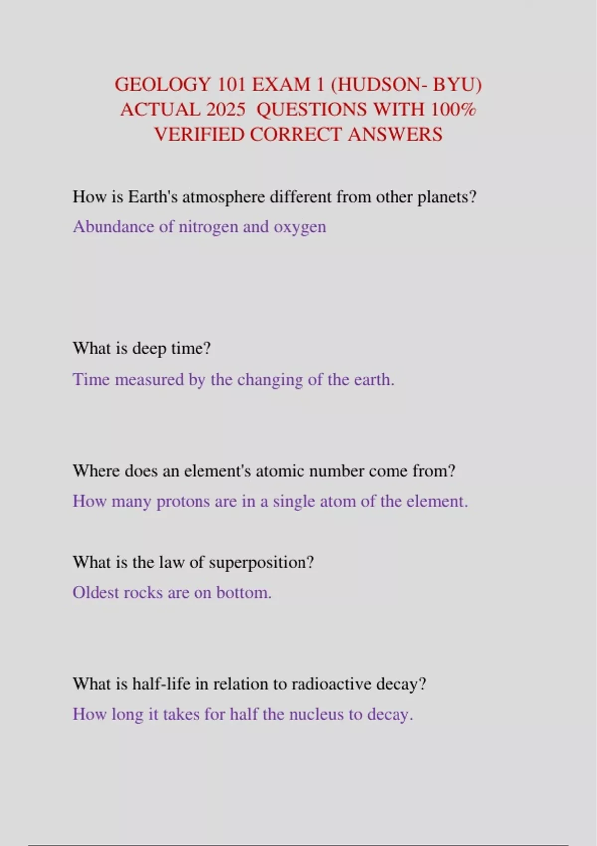GEOLOGY 101 EXAM 1 (HUDSON- BYU) ACTUAL 2025 QUESTIONS WITH 100% ...