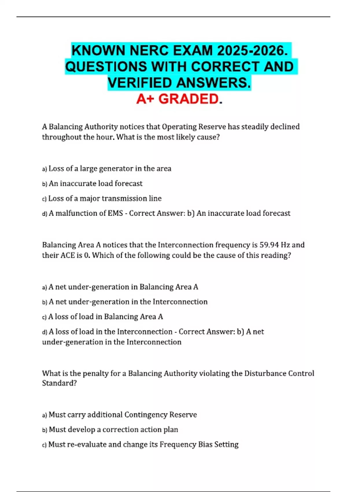 KNOWN NERC EXAM . QUESTIONS WITH CORRECT AND VERIFIED ANSWERS. A+ ...