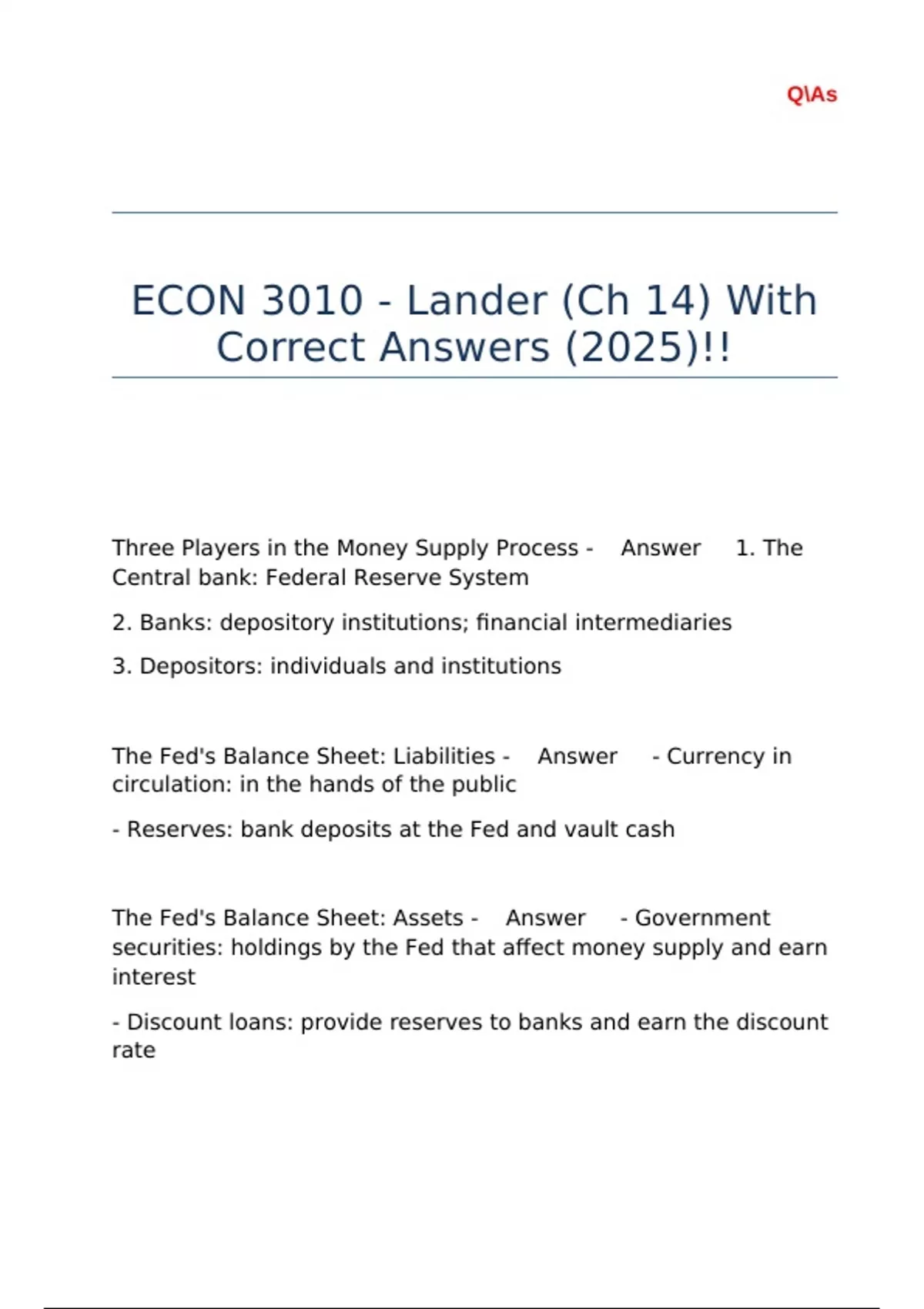 ECON 3010 - Lander (Ch 14) With Correct Answers (2025)!! - ECON 3010 ...