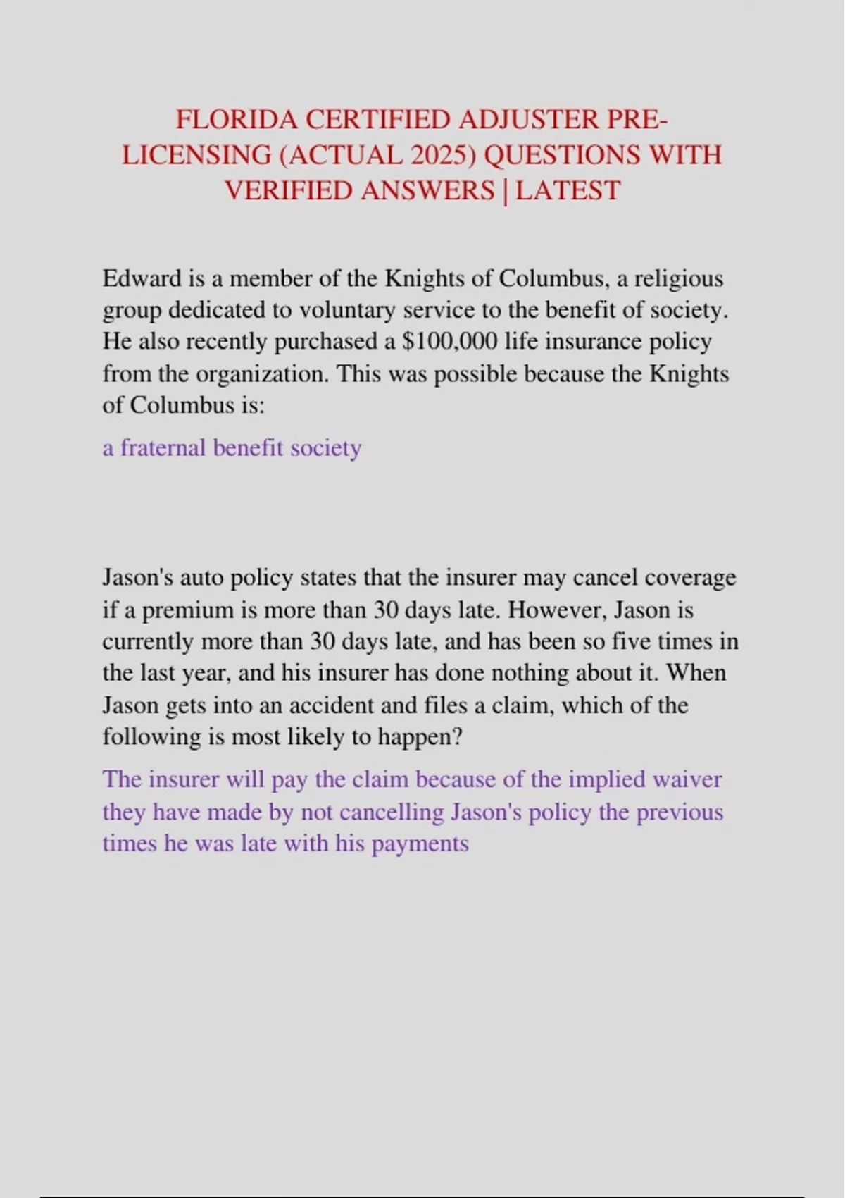 FLORIDA CERTIFIED ADJUSTER PRE LICENSING (ACTUAL 2025) QUESTIONS WITH ...