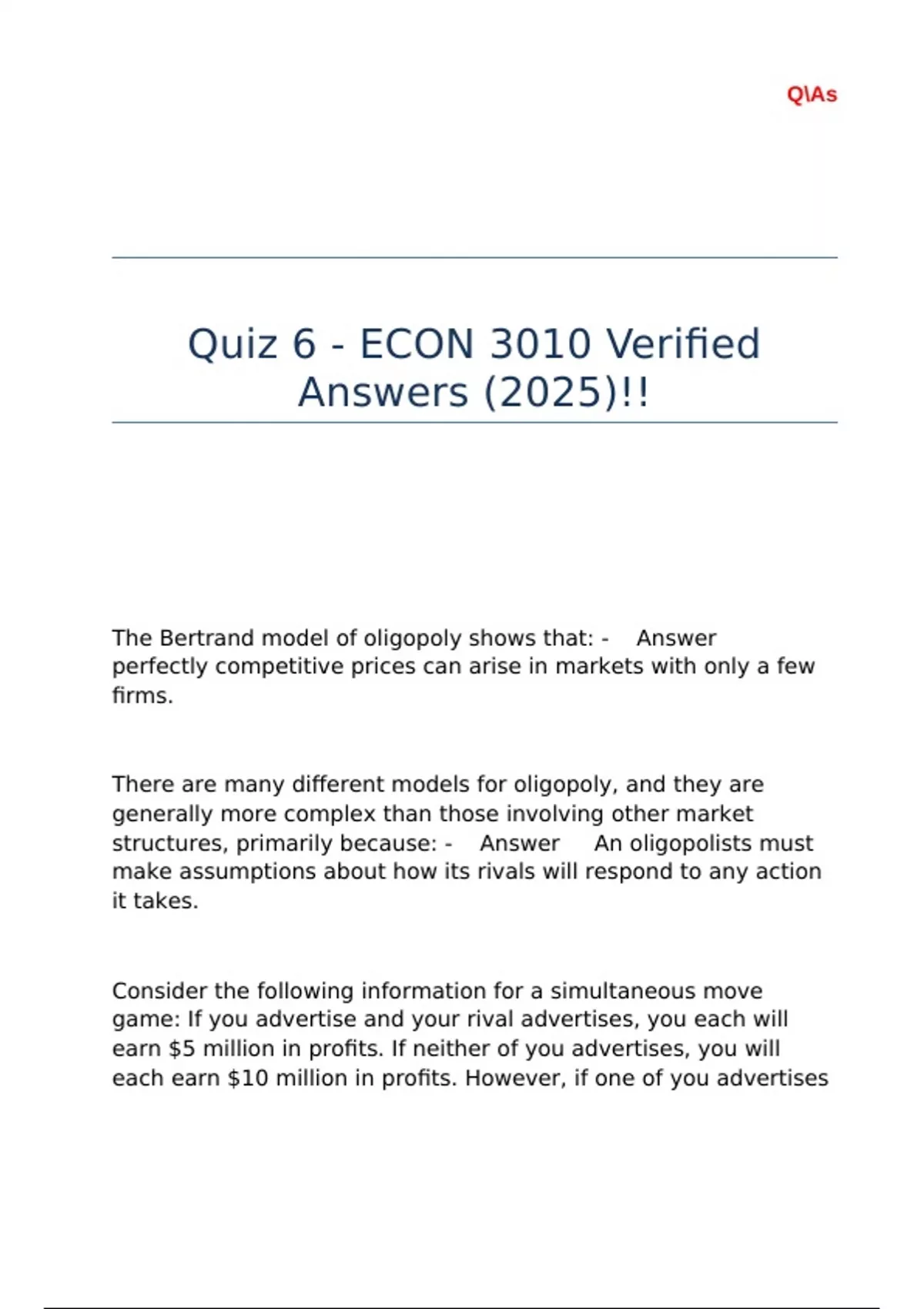 Quiz 6 - ECON 3010 Verified Answers (2025)!! - ECON 3010 - Stuvia US