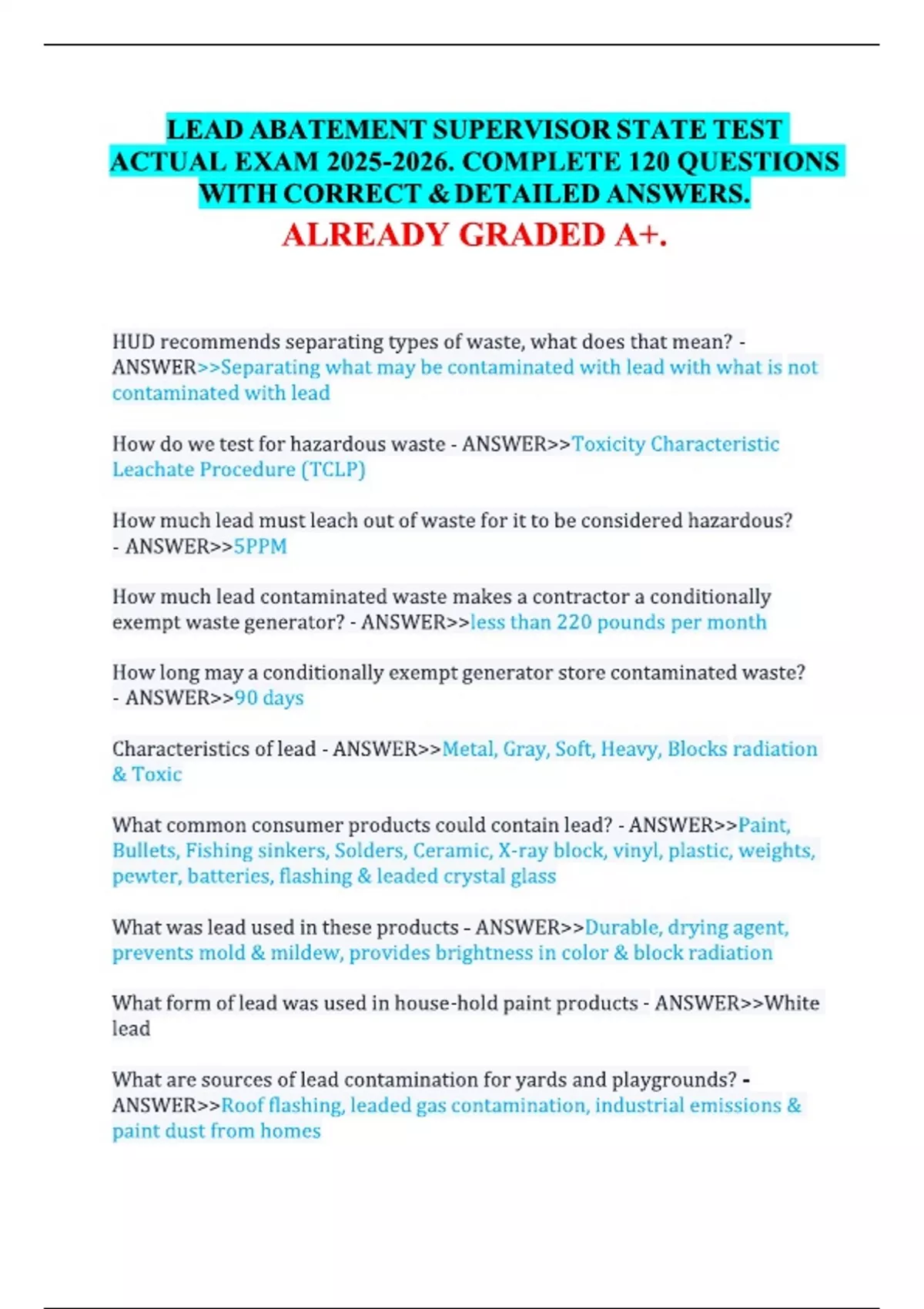 LEAD ABATEMENT SUPERVISOR STATE TEST ACTUAL EXAM . COMPLETE 120 ...